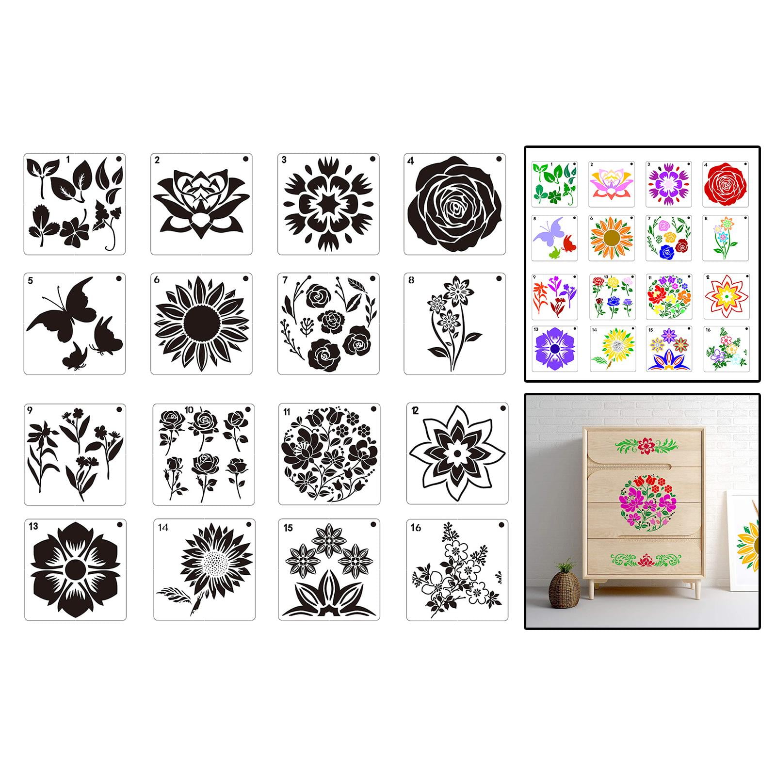 16 Pieces Flower Stencil Template Painting Stencil Spring Journal ...