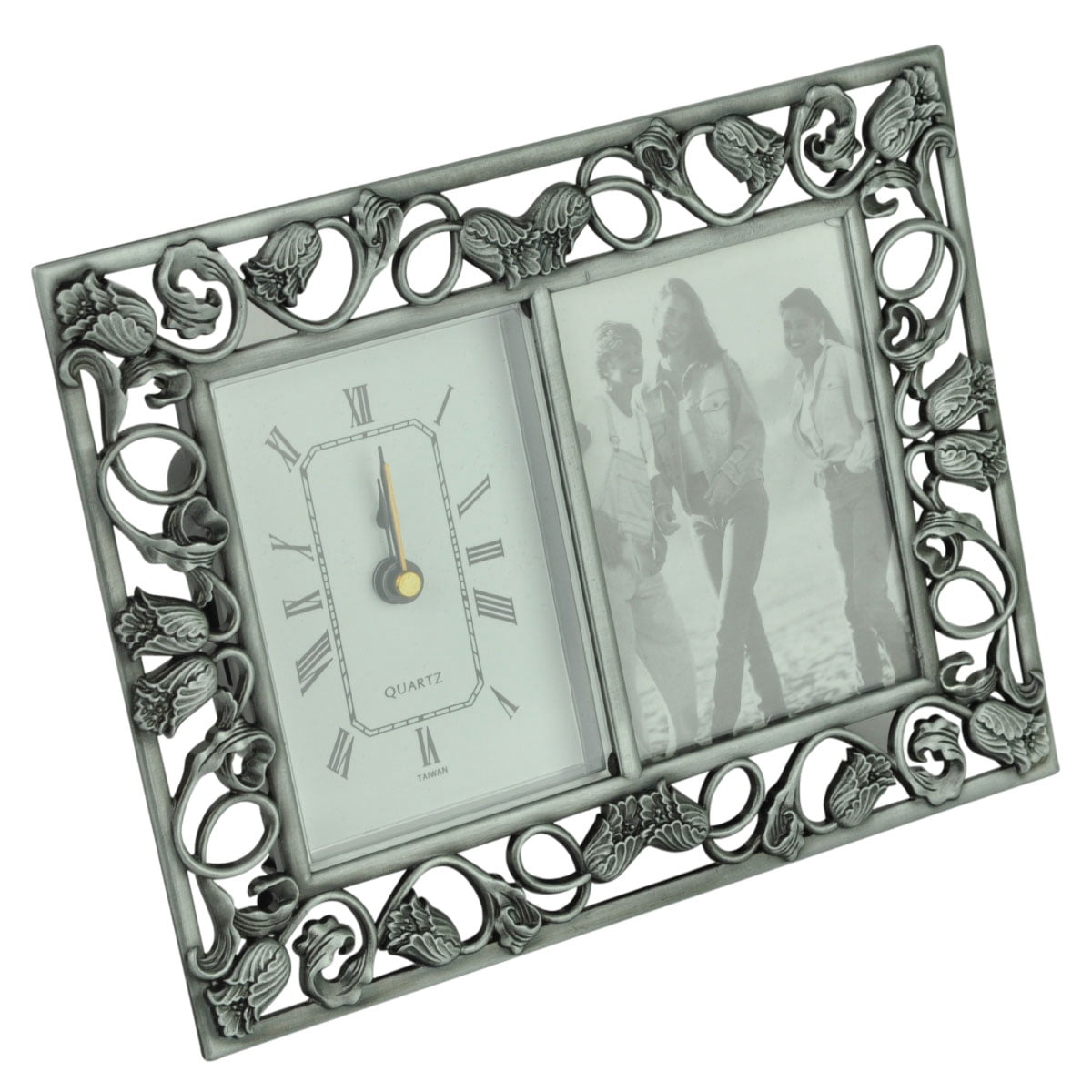 Glory Land Pewter Desk Home Decor Clock Photo Frame Hibiscus Flower ...