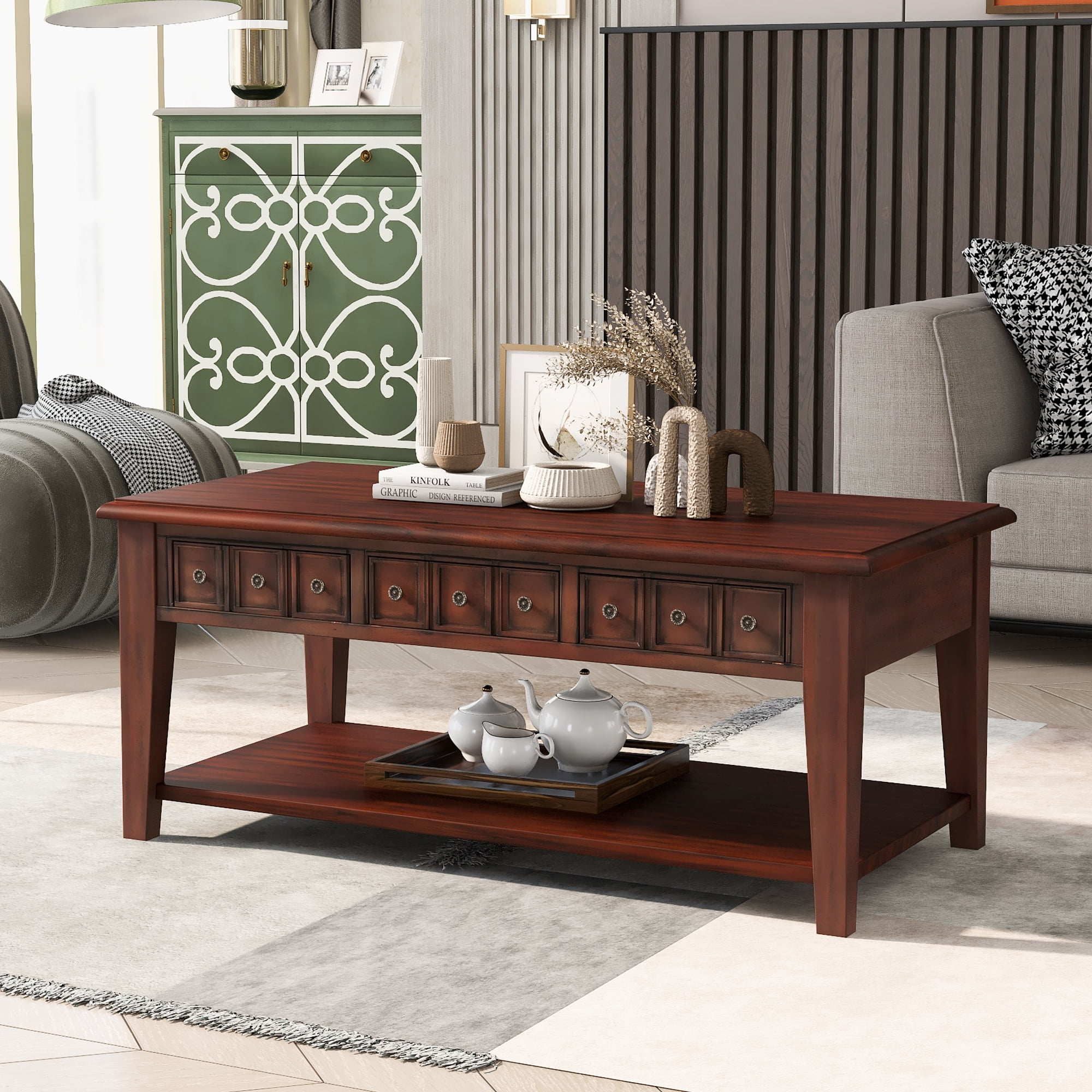 Coffee Table with Storage Drawers and Shelves, Wood Dining Table with ...