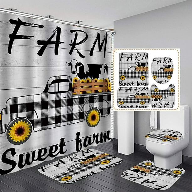 Jayden&Madge 4PCS/SET Black and White Plaid Truck Shower Curtain ...