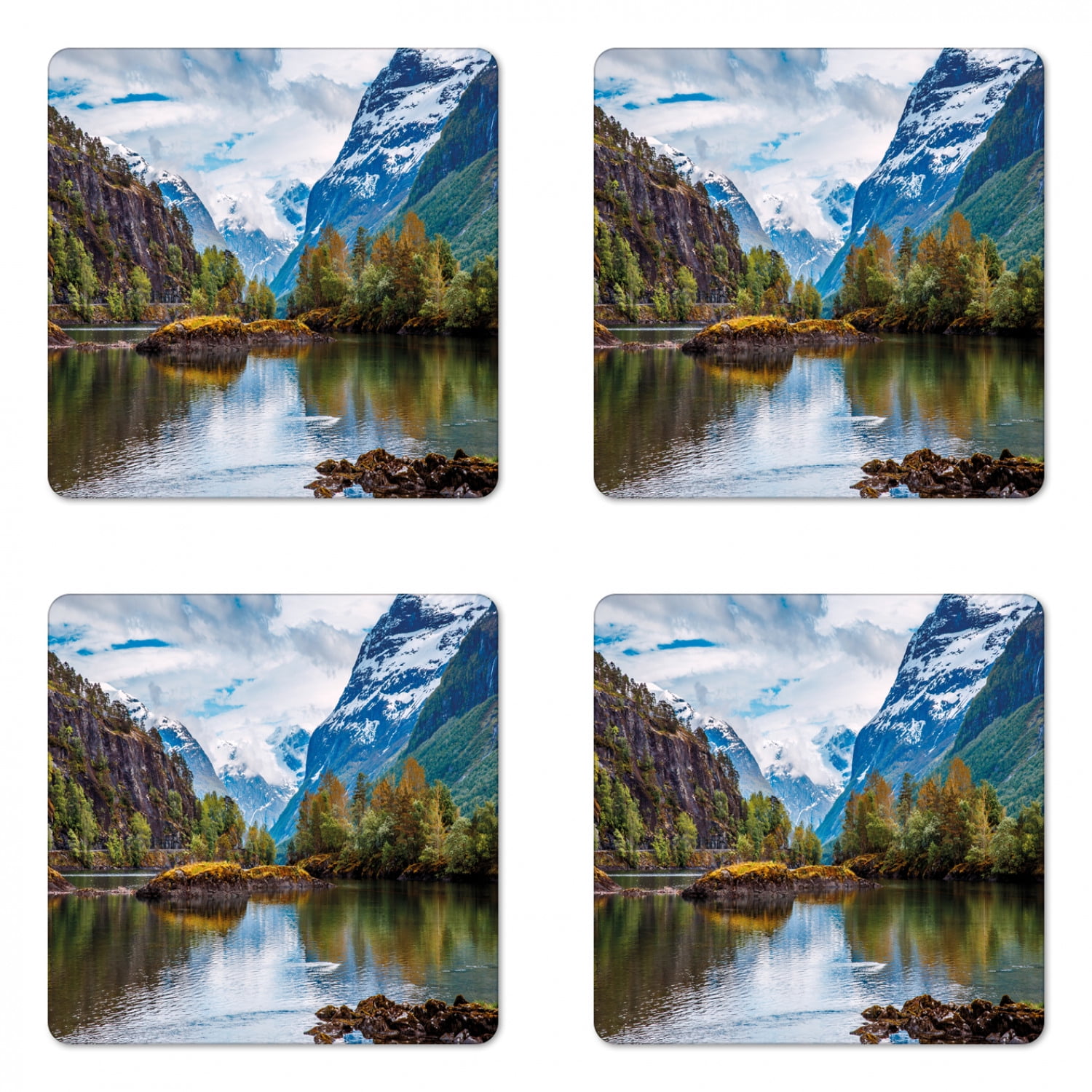 Nature Coaster Set of 4, Norway Mountain Range Snowy Peaks by the Lake ...
