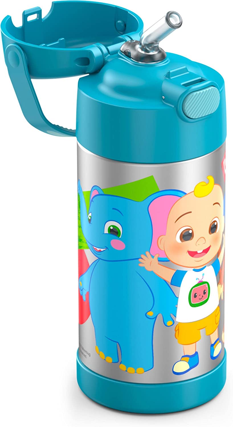 THERMOS FUNTAINER 12 Ounce Stainless Steel Vacuum Insulated Kids Straw Bottle, Cocomelon