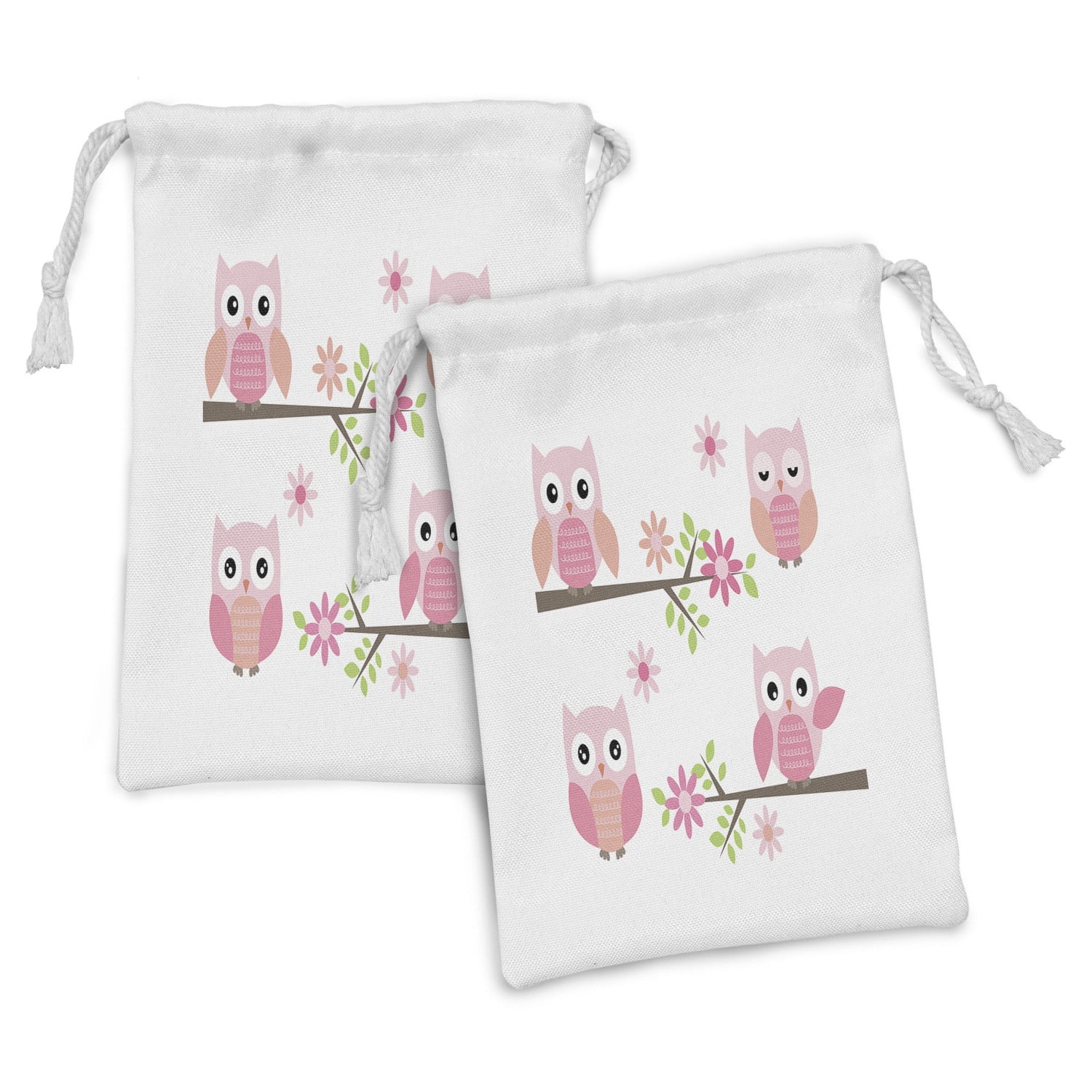 Owl Fabric Pouch Set of 2, Owls Waving in the Floral Tree Springtime ...