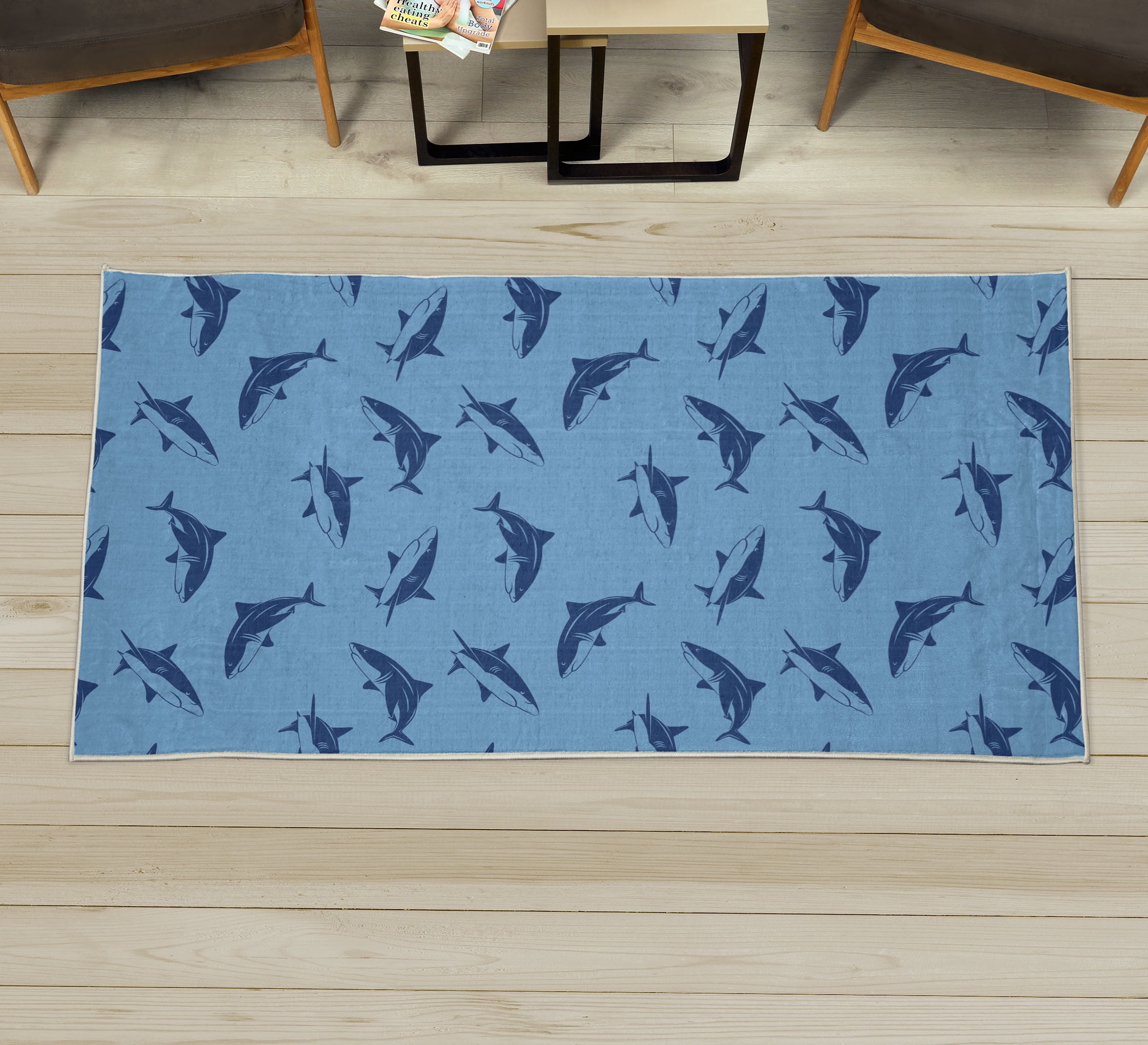 Sea Animals Decorative Rug, Repeated Cartoon Sharks Swimming to ...