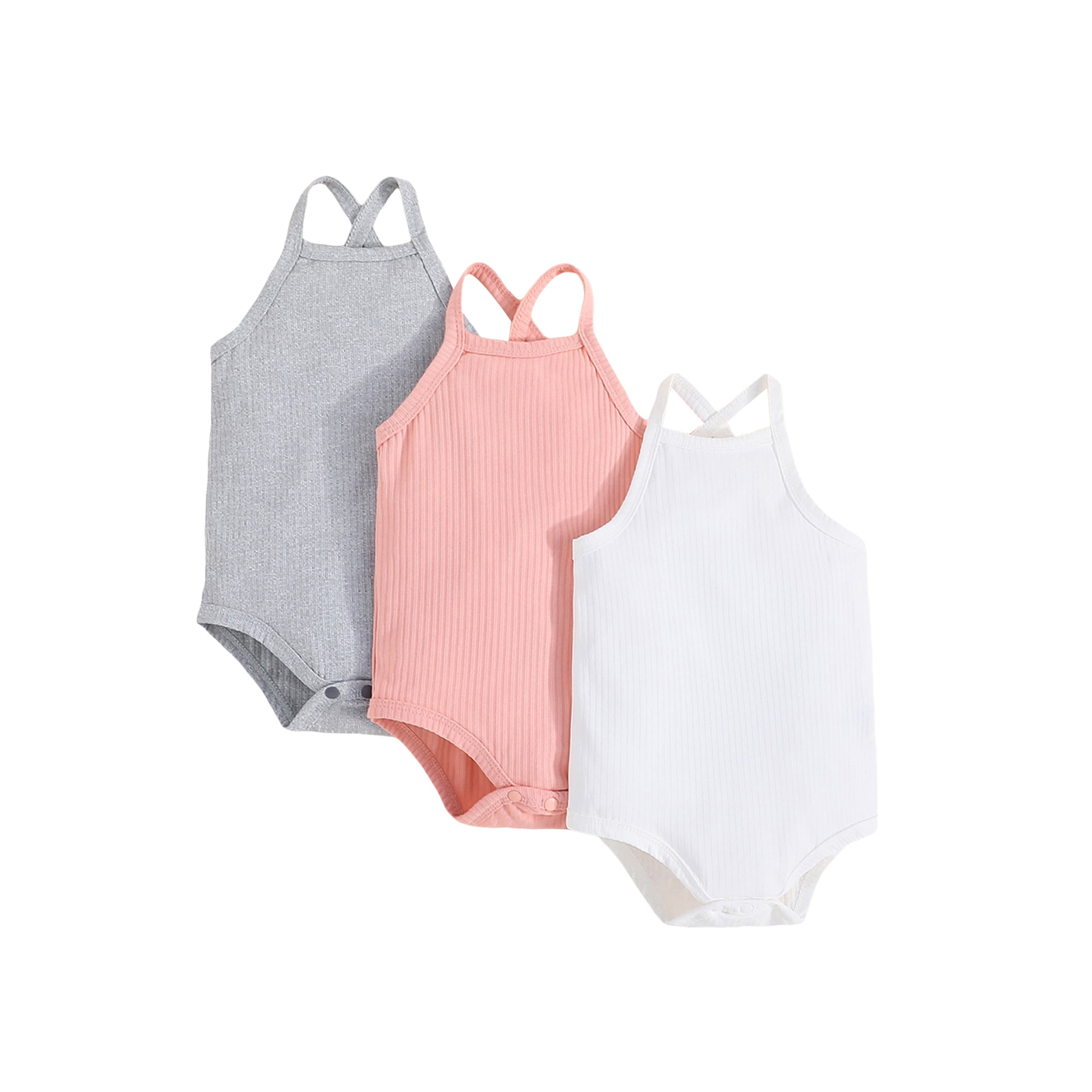 Gupgi 3 Pack Baby Girl Ribbed Rompers Summer Spaghetti Strap Back Cross Bodysuits 0-24 Months