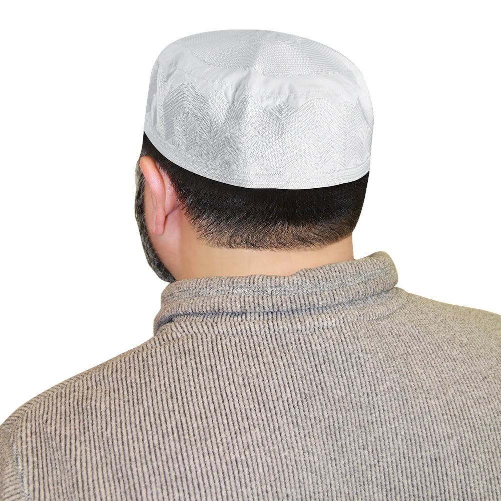 Mens Prayer Kufi Cap White Hat Embroidered Wave & Chevron Designs -23 ...