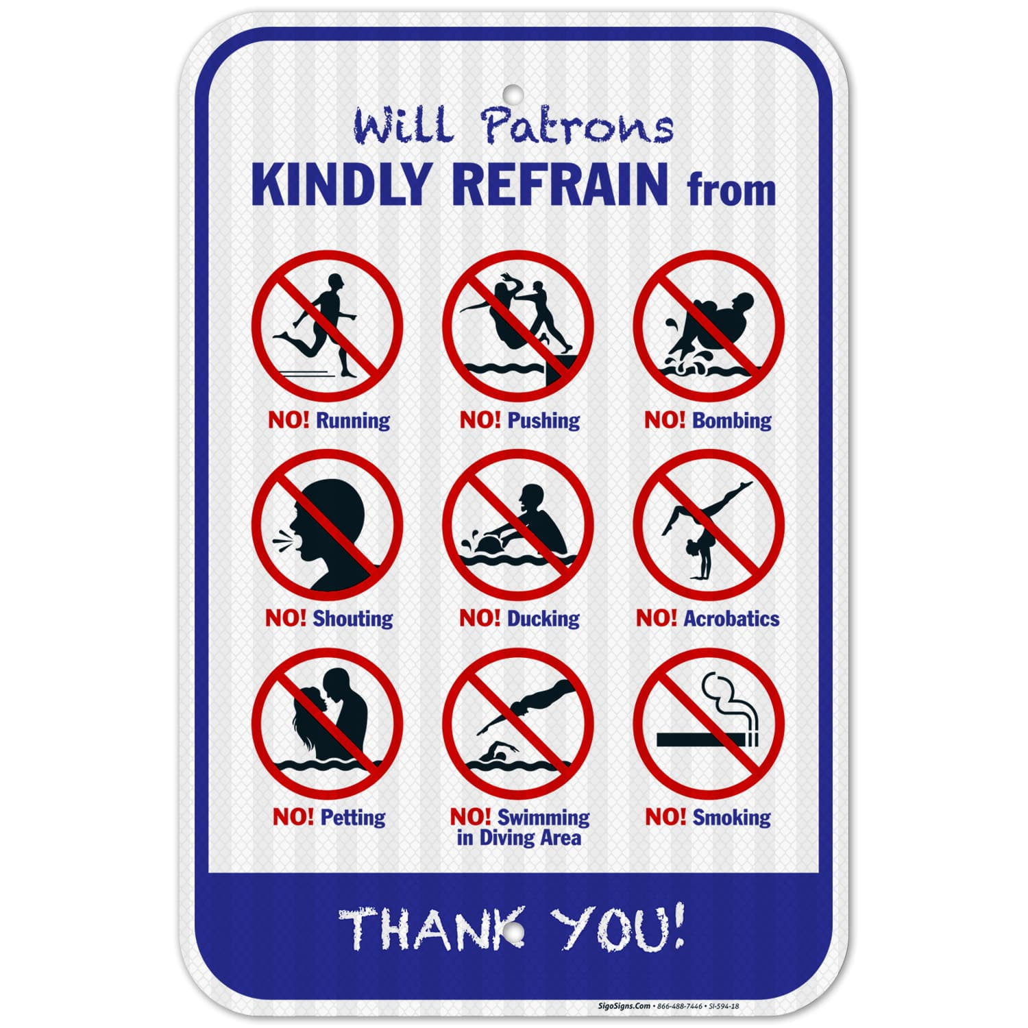 Pool Rules Sign, No Running No Pushing No Smoking, 12x18 Reflective ...