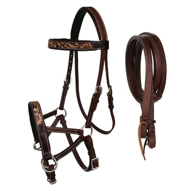 Horse Western Brown Leather Floral Tooled Bitless Sidepull Bridle Reins 77RS34BR - Walmart.com