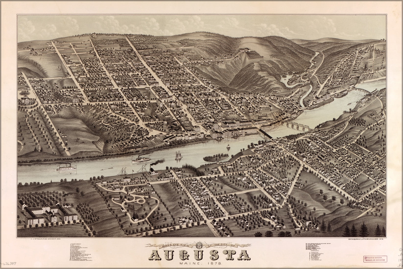 24"x36" Gallery Poster, Birdseye view map of Augusta, Maine, 1878 ...