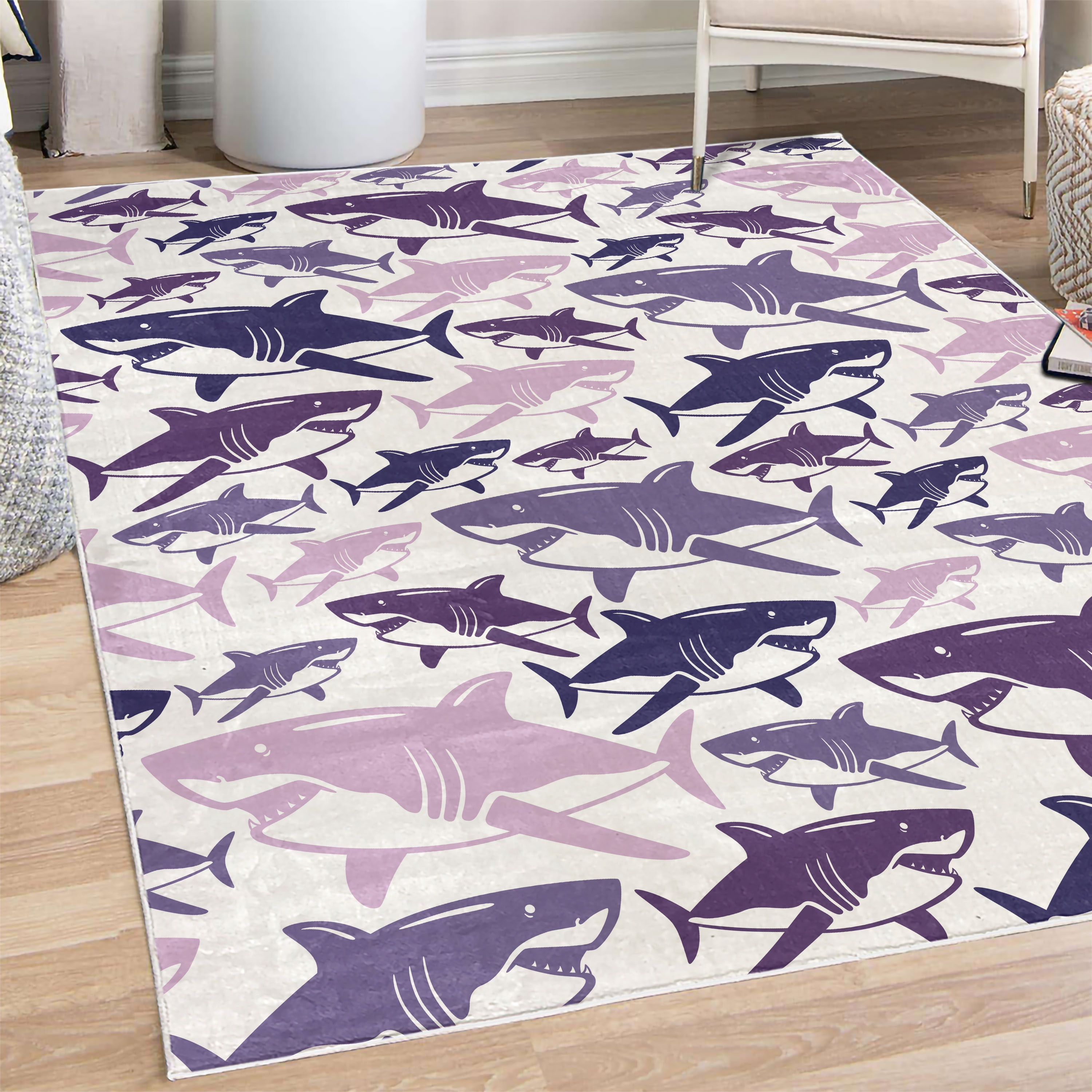 Shark Decorative Rug, Colorful Underwater Fish Pattern Masters Survival ...