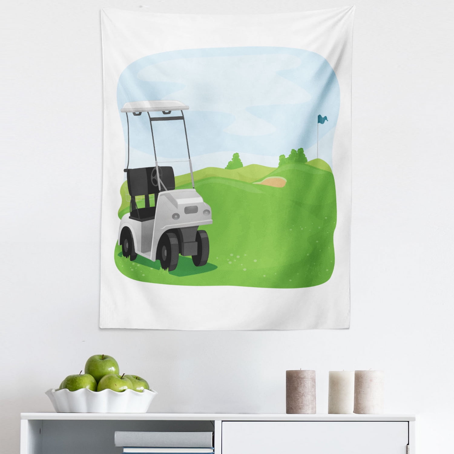 Golf Course Scene Tapestry, Cartoon Style Graphic Image of a Car and a ...