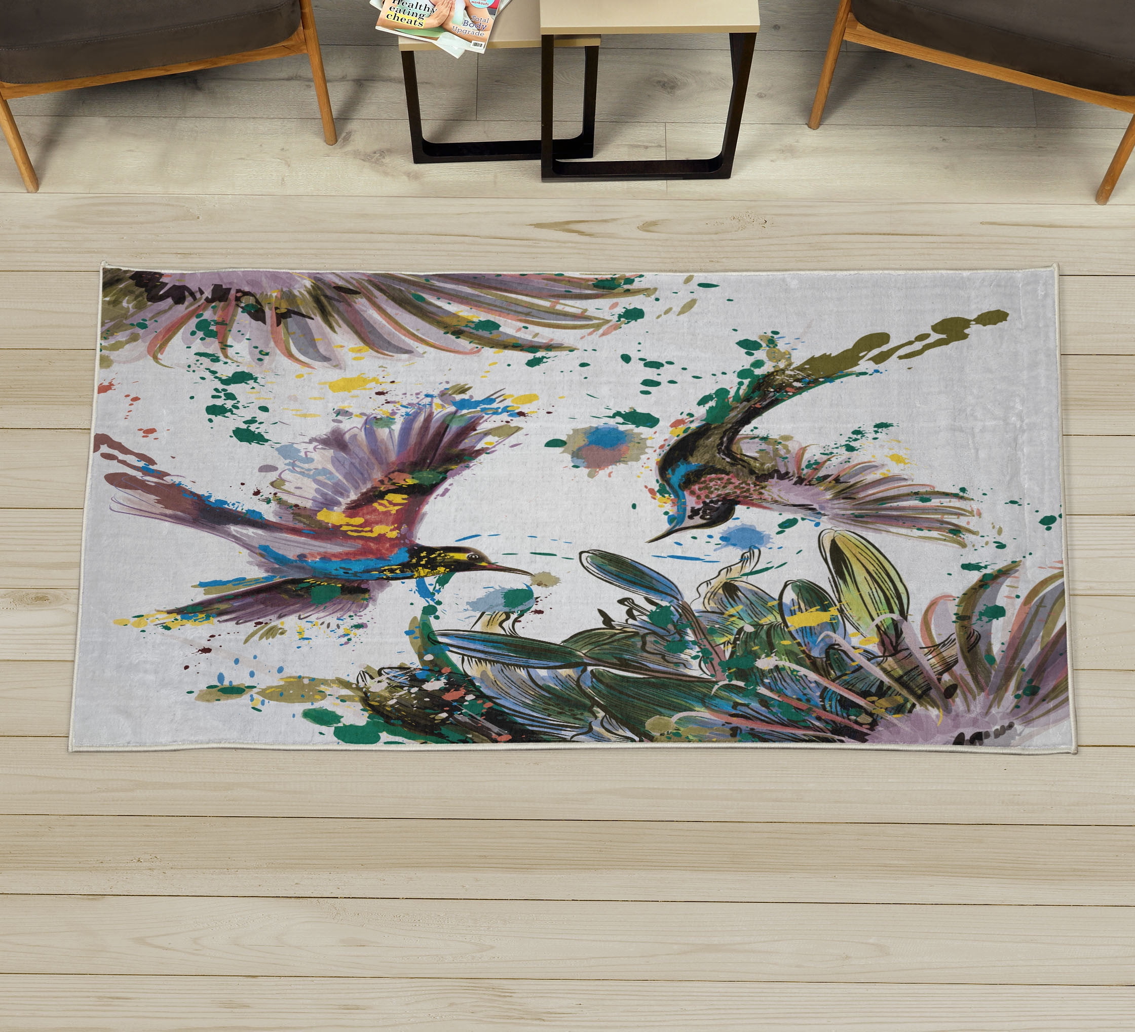 Hummingbird Decorative Rug, Art Lily Flowers Birds and Color Splashes ...