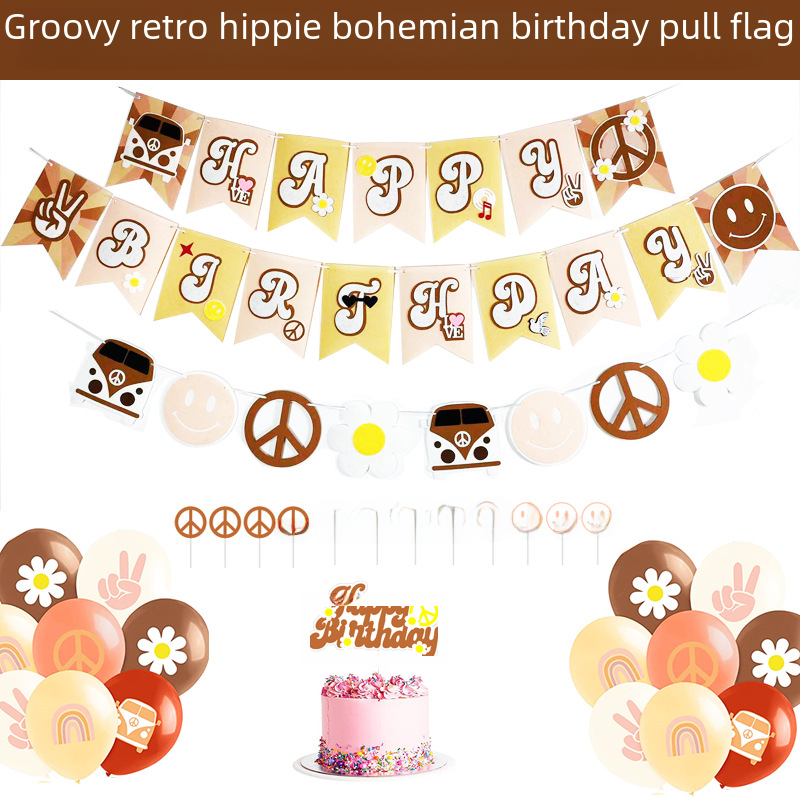 Bandera de cumpleaños hippie con estilo, bandera para fiesta de ...
