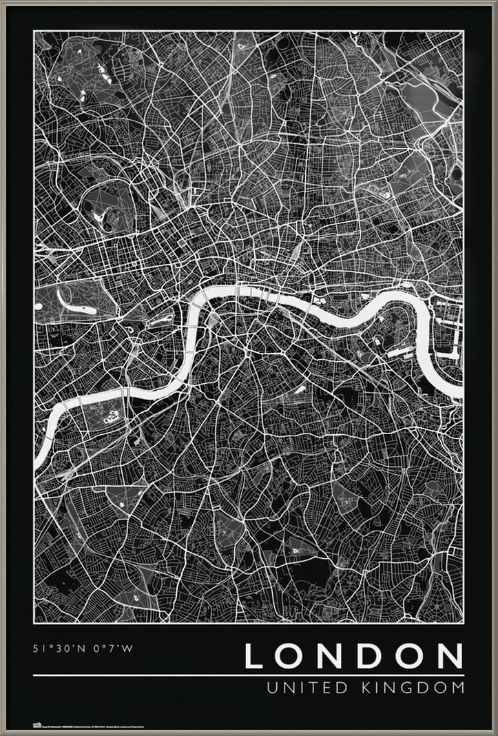 Map Of London England - Framed B&W Poster (Streets Of London By Night ...