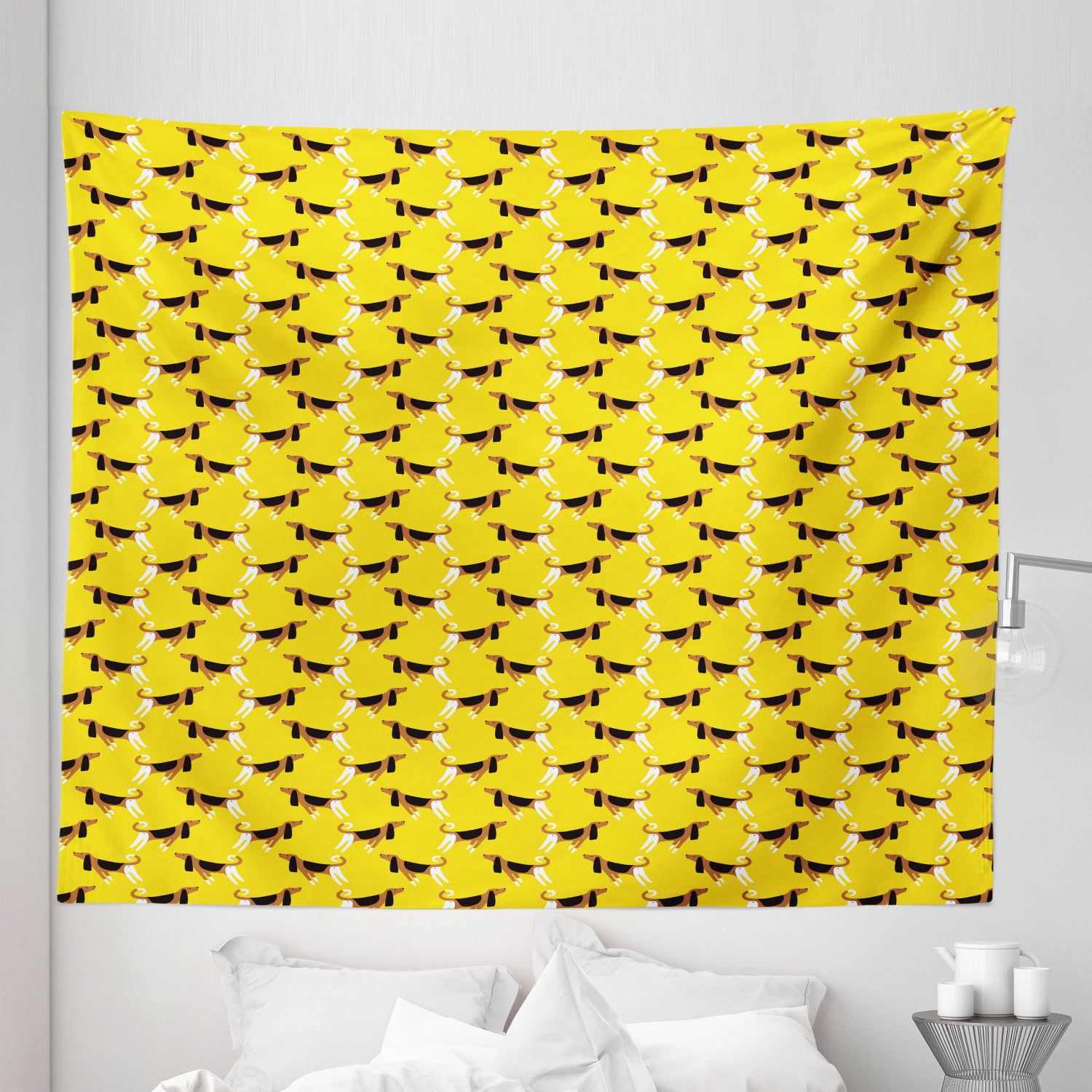 Dogs Tapestry, Yellow Background with Fun Pet Characters in Simple ...