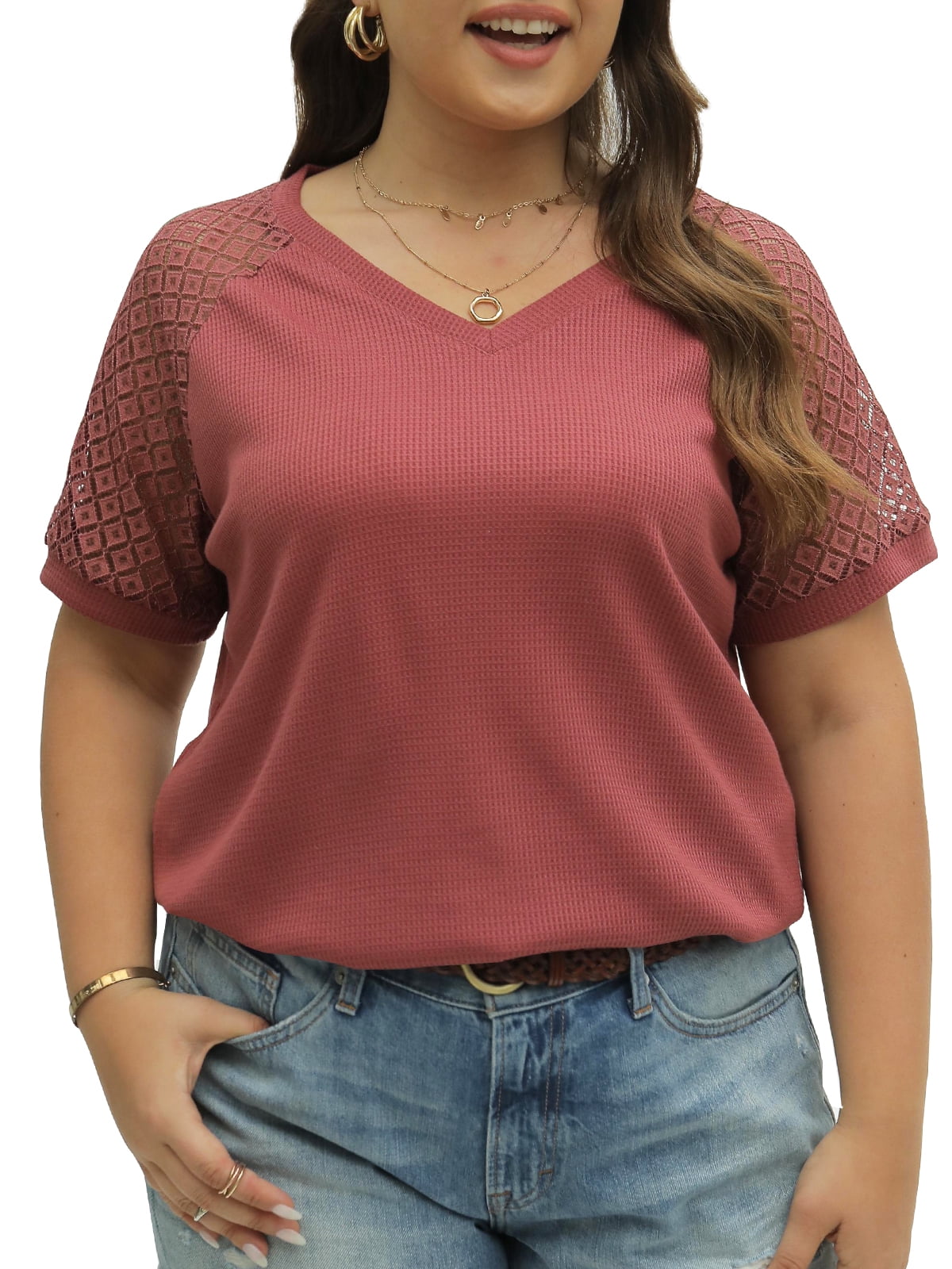 Mengpipi Plus Size Tops for Women Waffle Knit Lace Short Sleeve Blouse ...