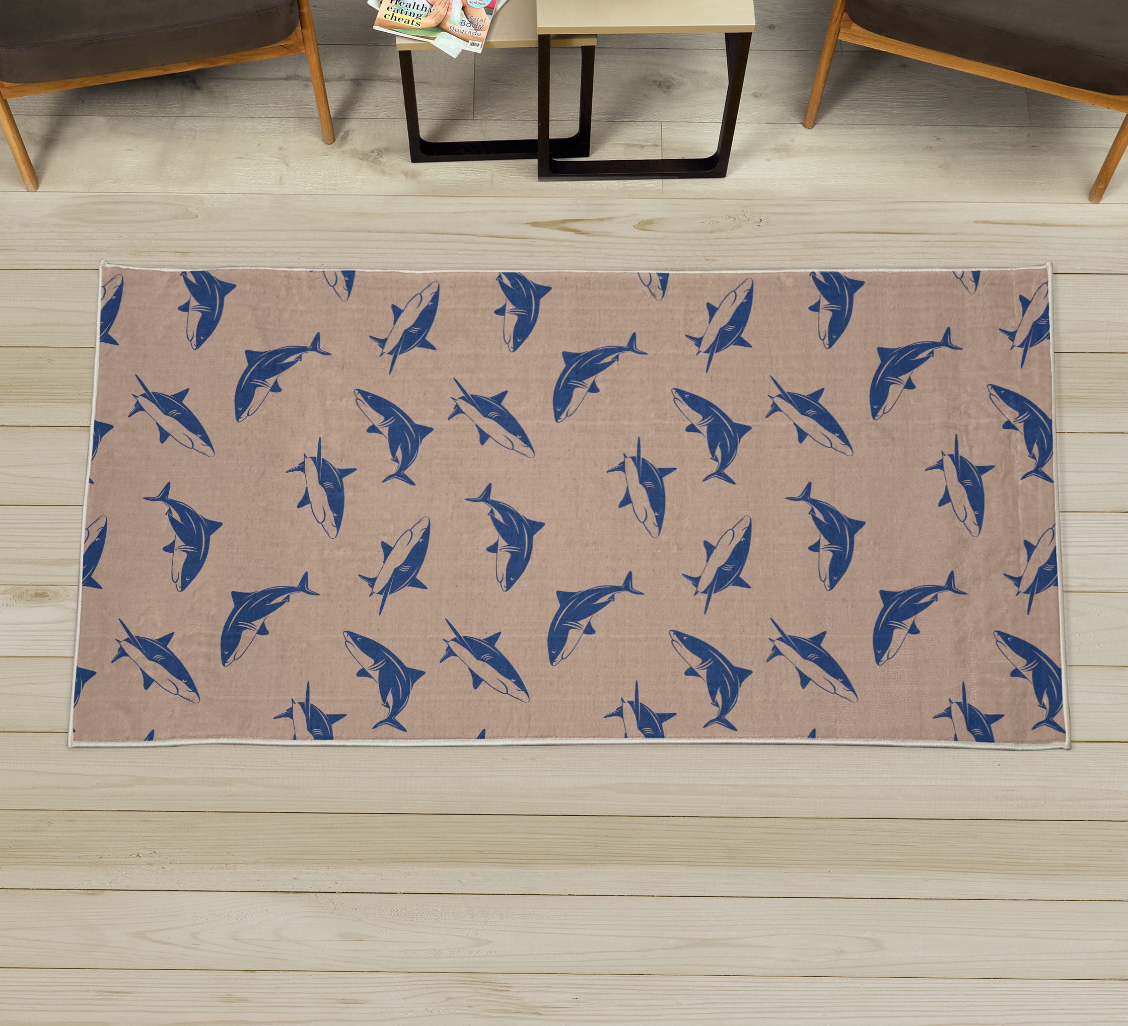 Sea Animals Decorative Rug, Repeated Cartoon Sharks Swimming to ...
