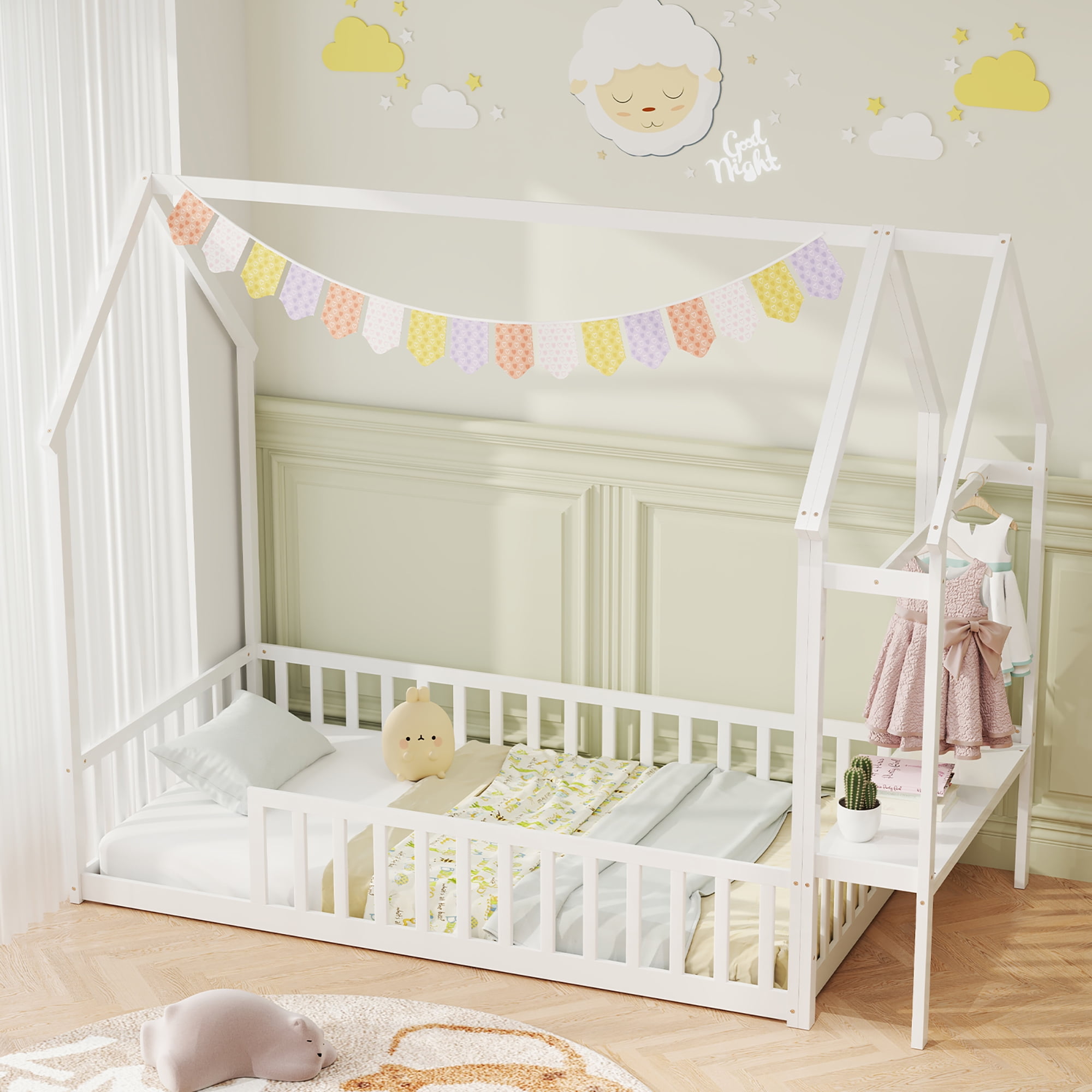 Click here for Gymax Twin House Floor Bed W/ Storage Shelf & Deta... prices