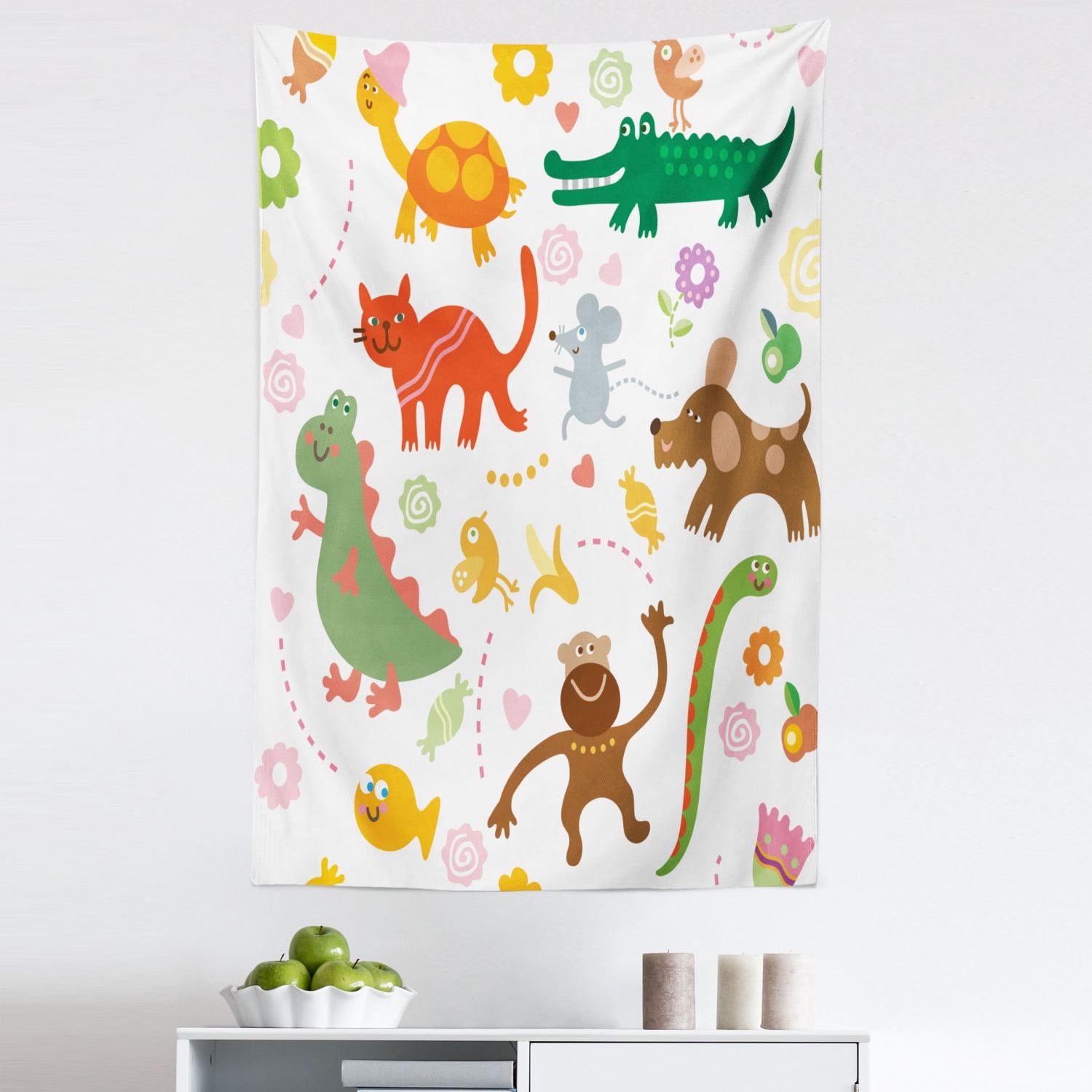Animals Tapestry, Jolly Cartoon Animals Colorful Flowers and Hearts for ...