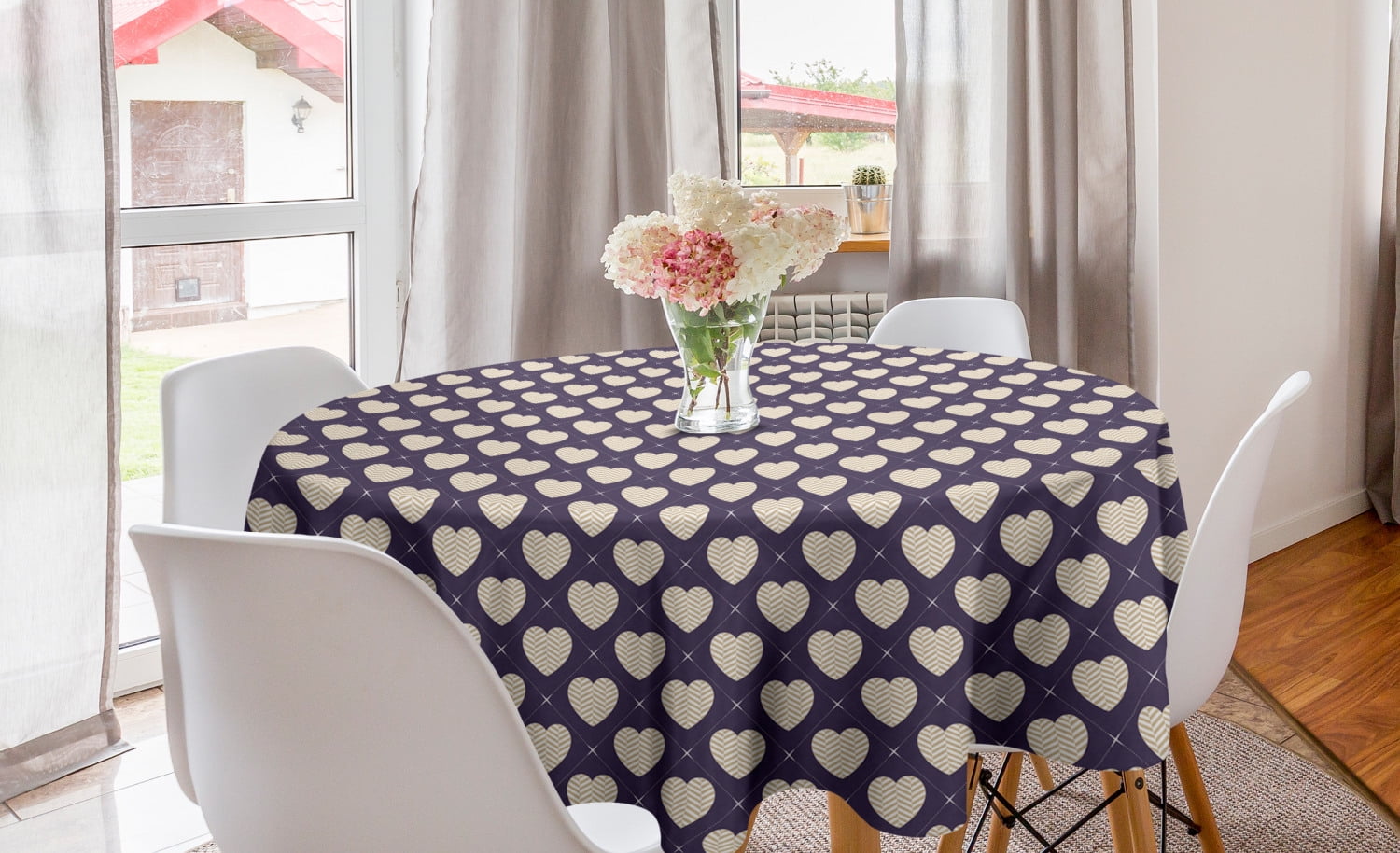 Romantic Round Tablecloth, Heart Shapes Inner Wavy Stripes Geometric ...