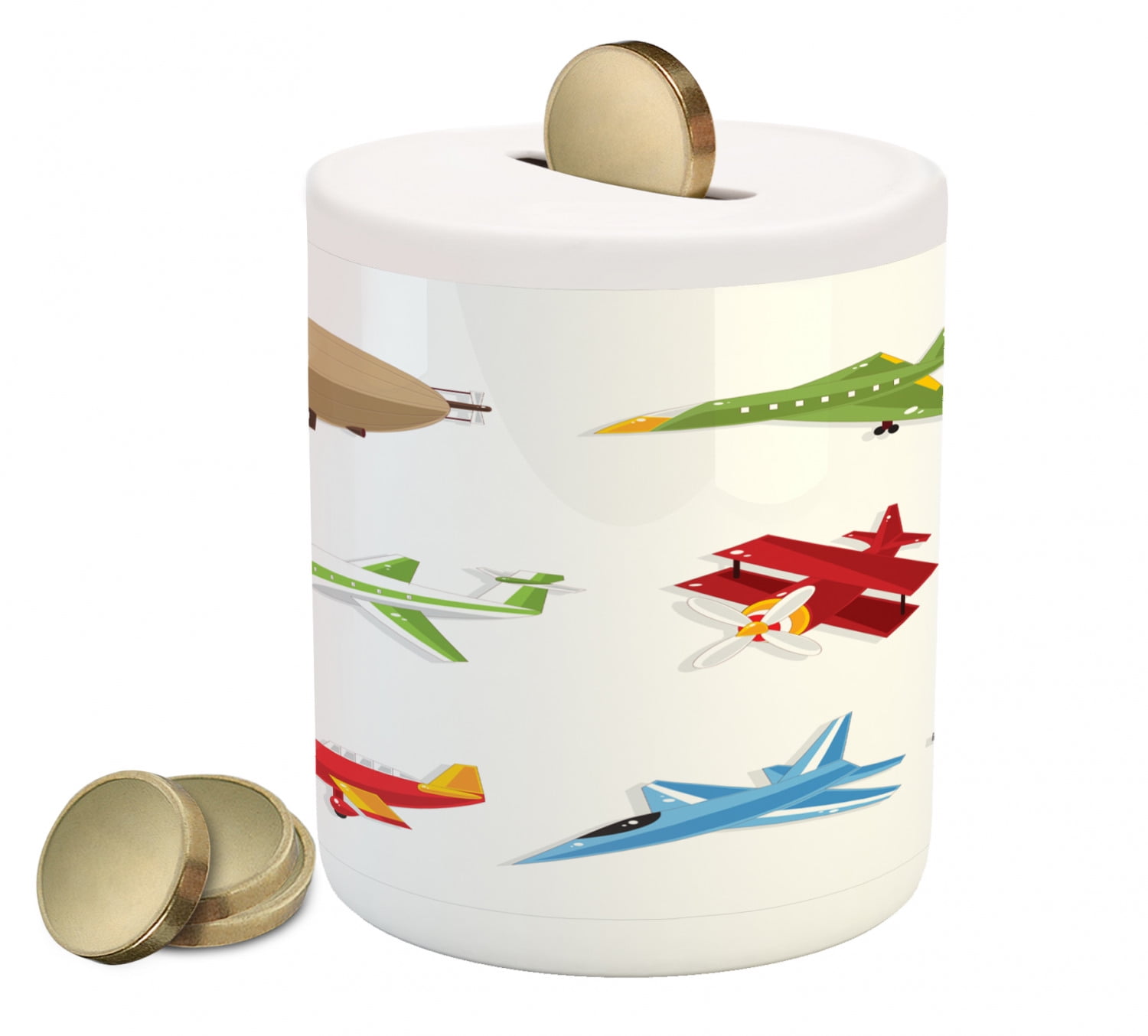 Cartoon Piggy Bank, Aircrafts with Style Airliner Zeppelin Regular ...