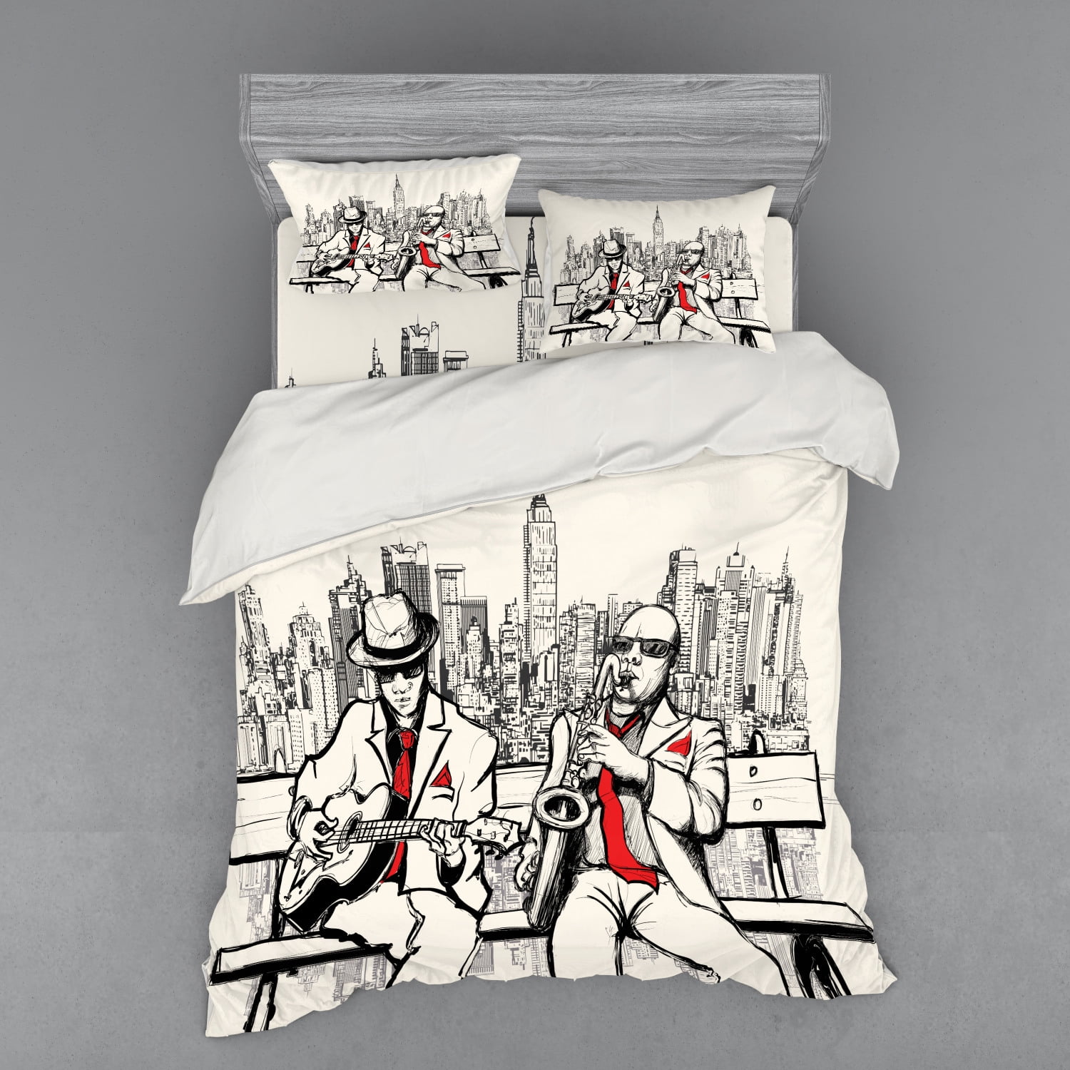 Music Duvet Cover Set, Jazz Men Band Playing Beats in New York at Night ...