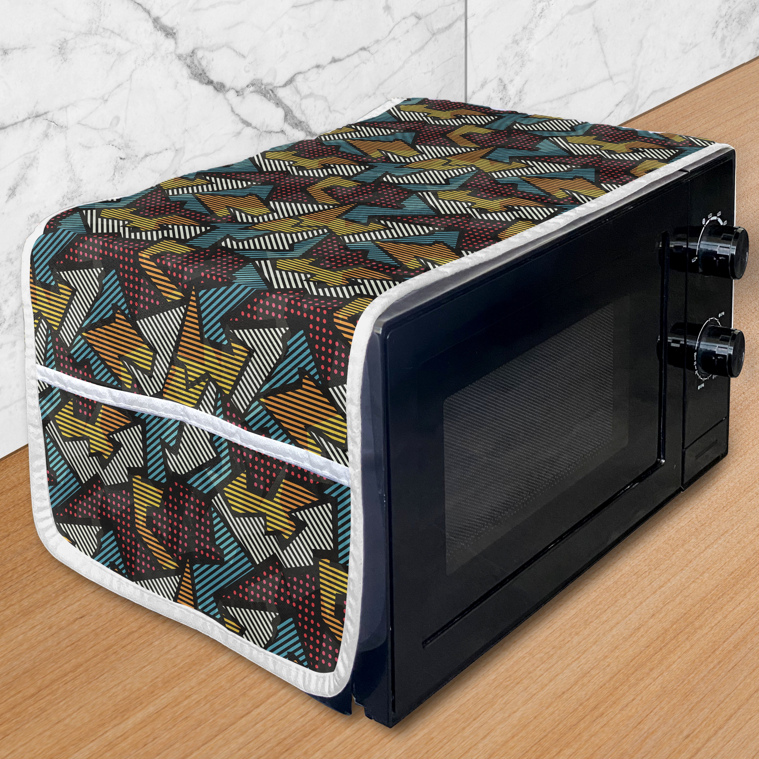 Geometric Microwave Oven Cover, Abstract Shapes with Striped and Polka ...