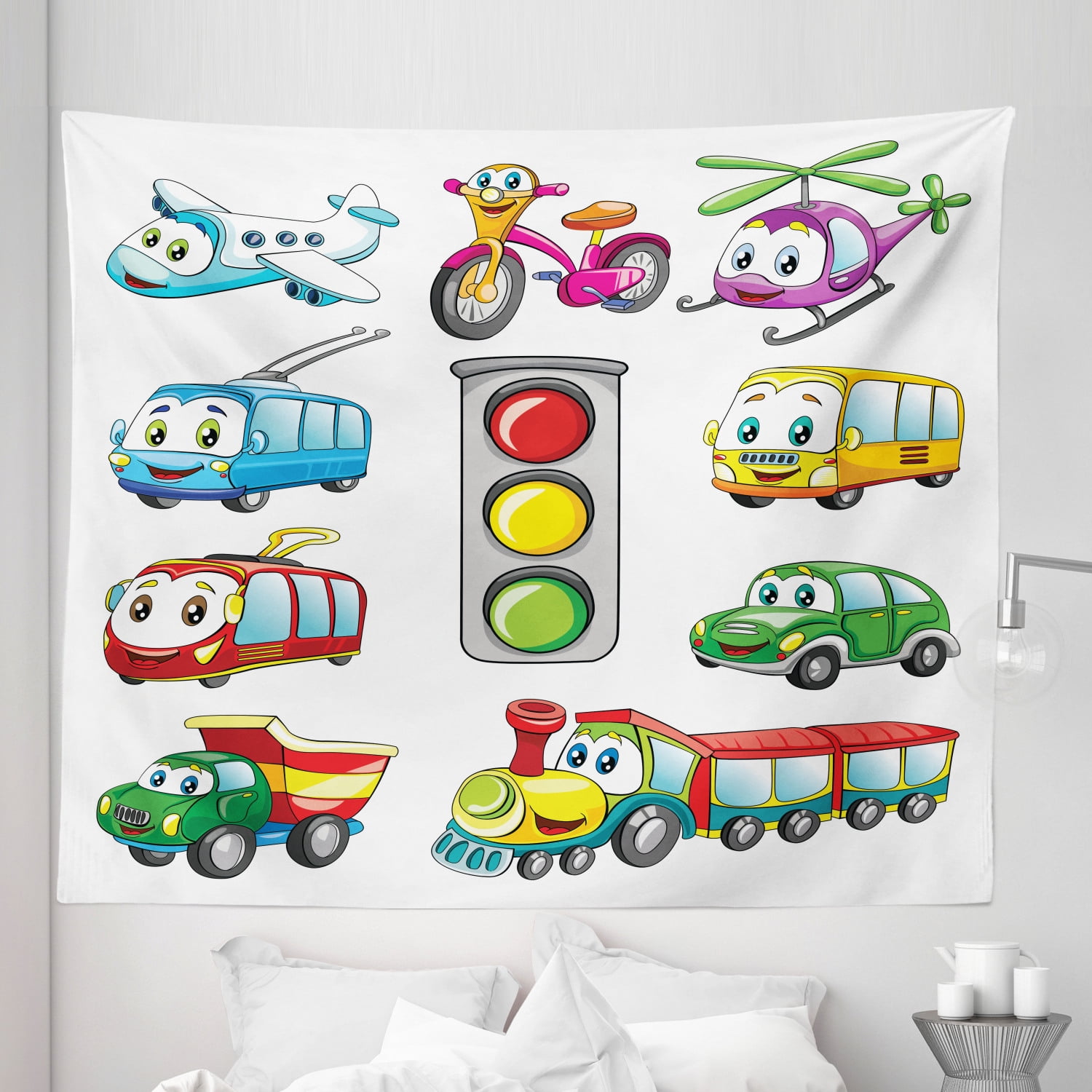 Cartoon Tapestry, Style Urban Public Transportation Characters with ...