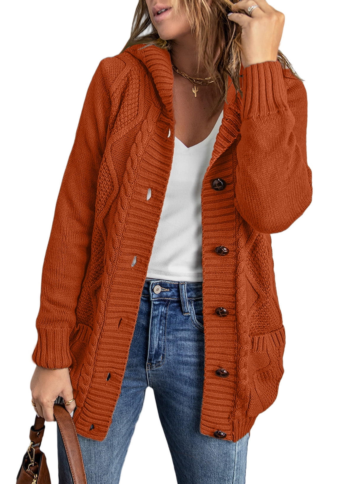 Eytino Hooded Cardigan Sweaters for Women Long Sleeve Button Down Knit ...