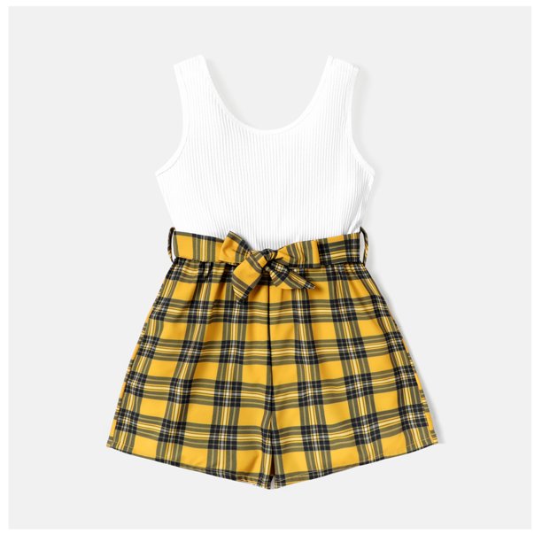 PatPat Kid Girl Plaid Splice Sleeveless Rompers & Belt - Walmart.ca