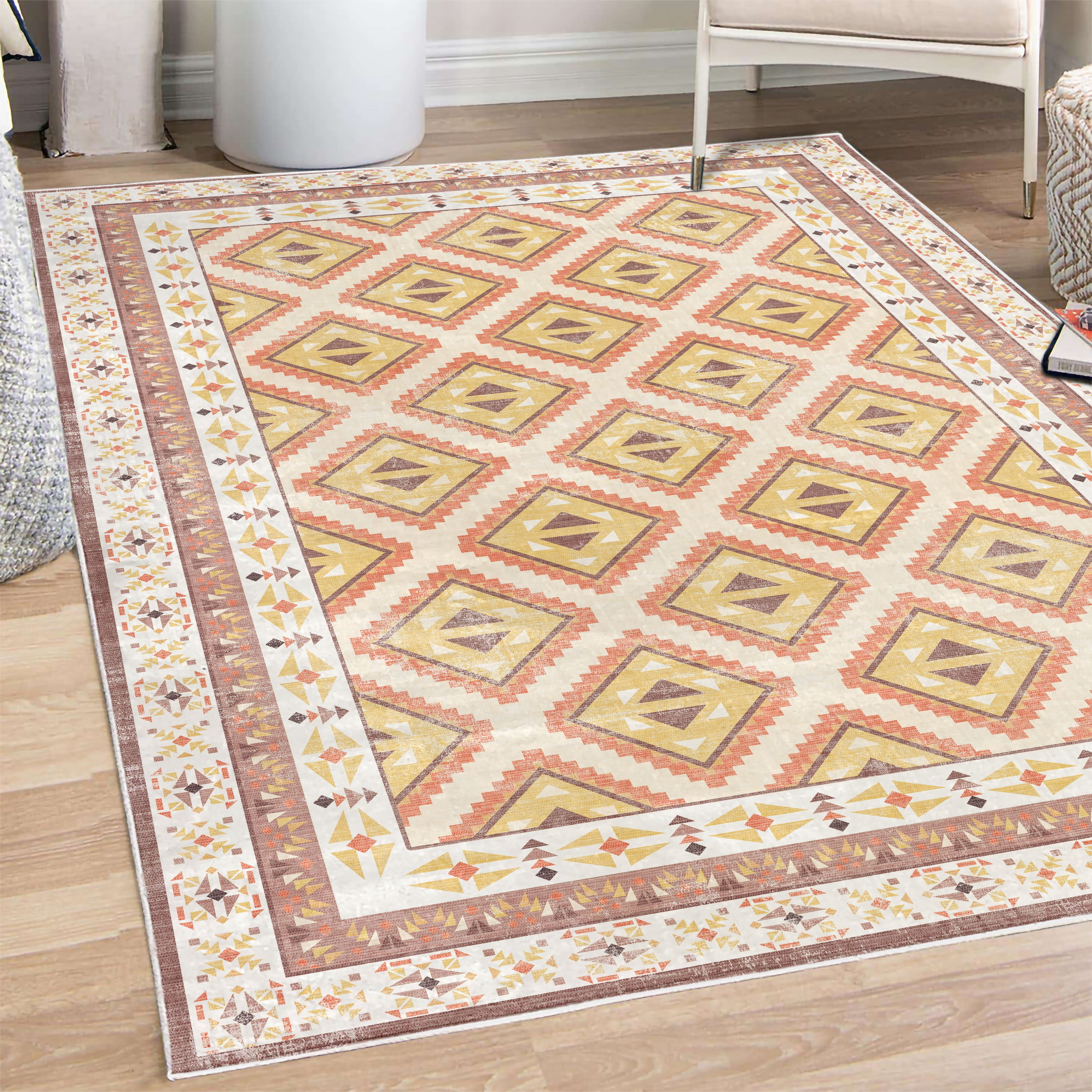 Geometric Decorative Rug, Ethnic Rustic Zigzagged Squares Folkloric ...