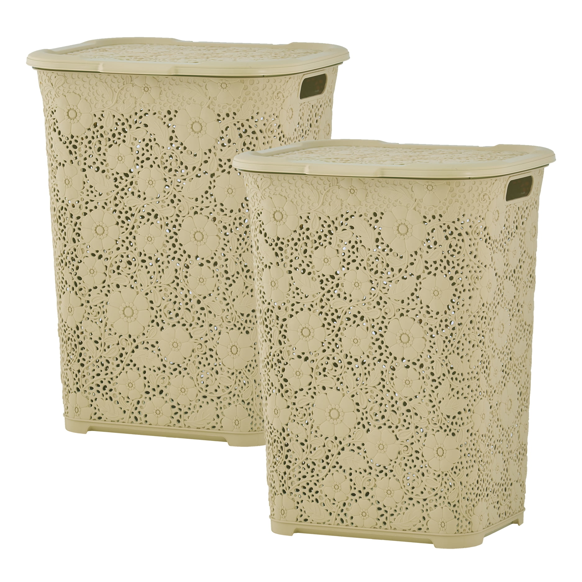 Superio 50L Large Lace Plastic Laundry Hamper with Lid - Beige (2 Pack ...
