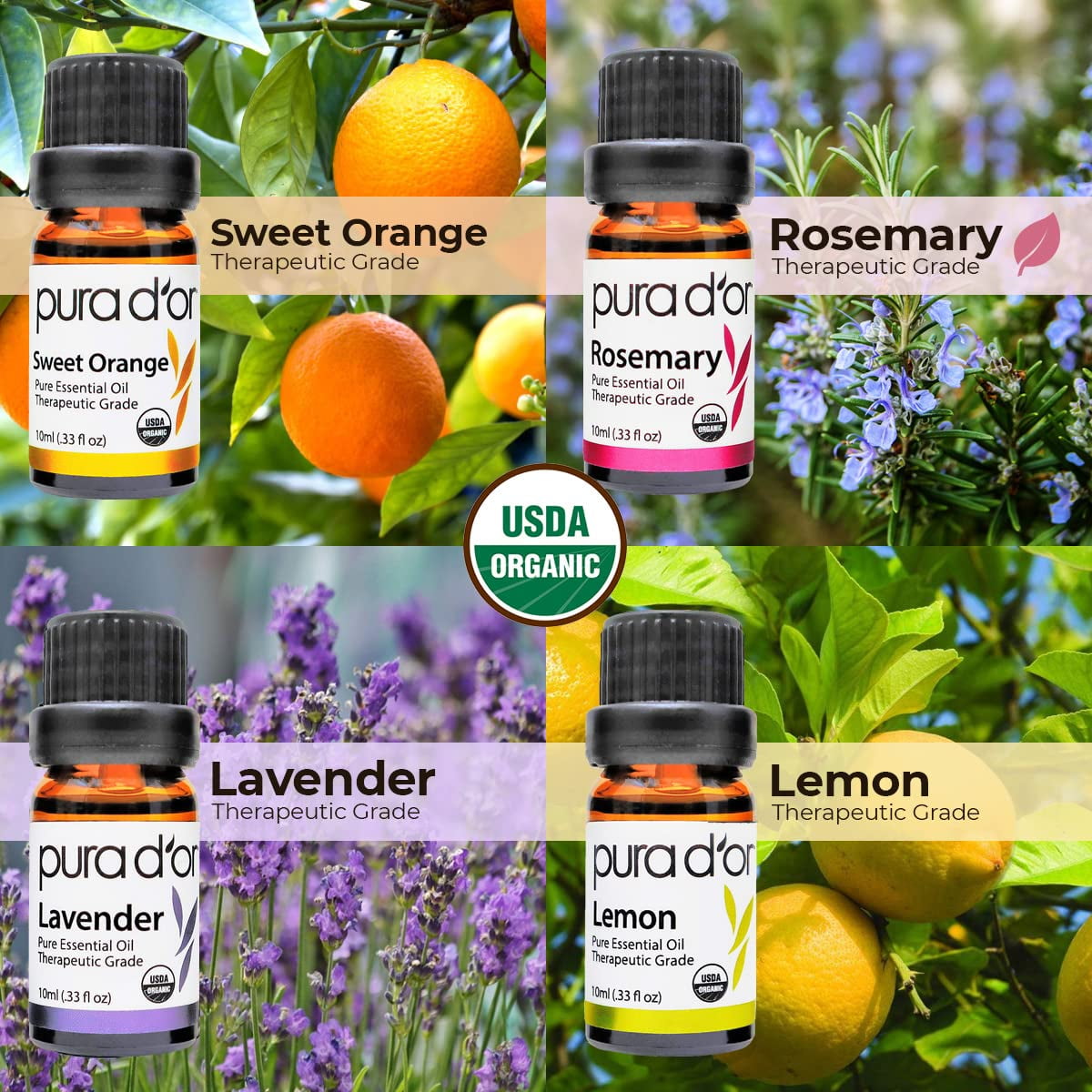 PURA D’OR Perfect10 Essential Oil Wood Box Gift Set 10mL x10 USDA Organic, 100% Pure Therapeutic ...