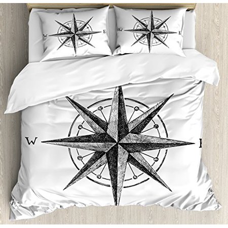 Ambesonne Compass Duvet Cover Set, Seamanship Hand Drawn Windrose with ...