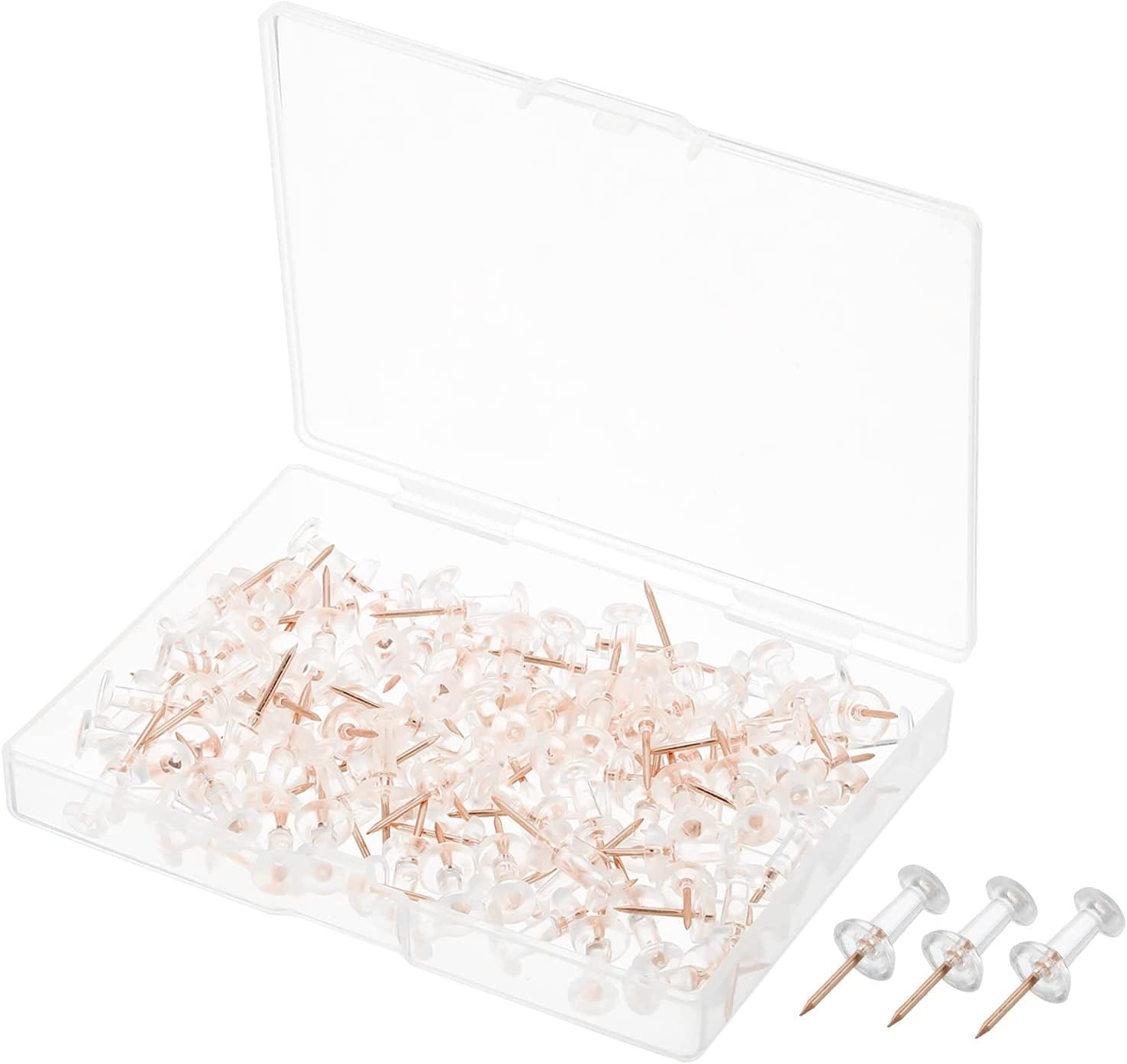 Push Pins, 200 Pack Clear Plastic Head Thumb Tacks Rose Gold Steel ...