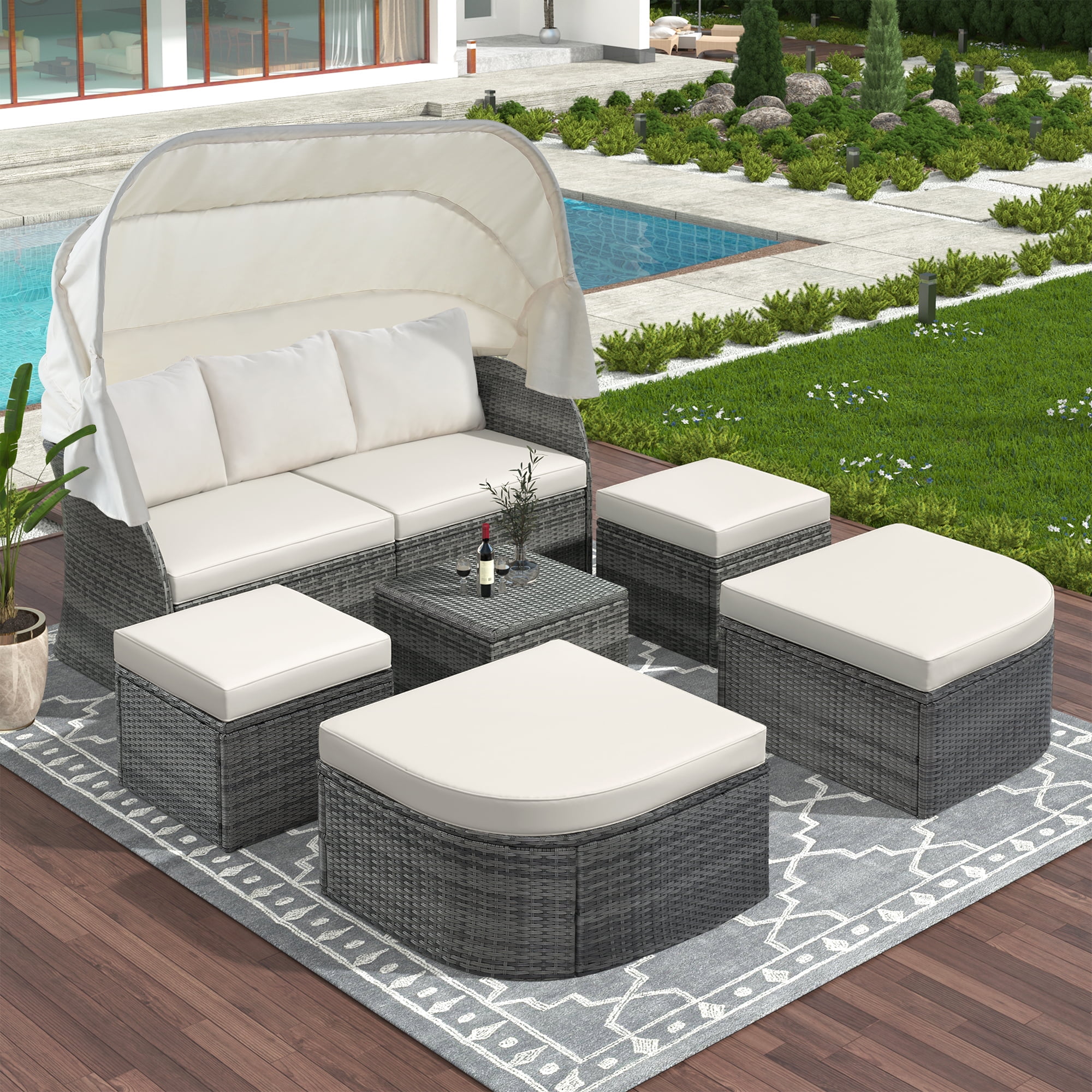 Leadzm Outdoor Patio Furniture Set Daybed Sunbed with Retractable ...