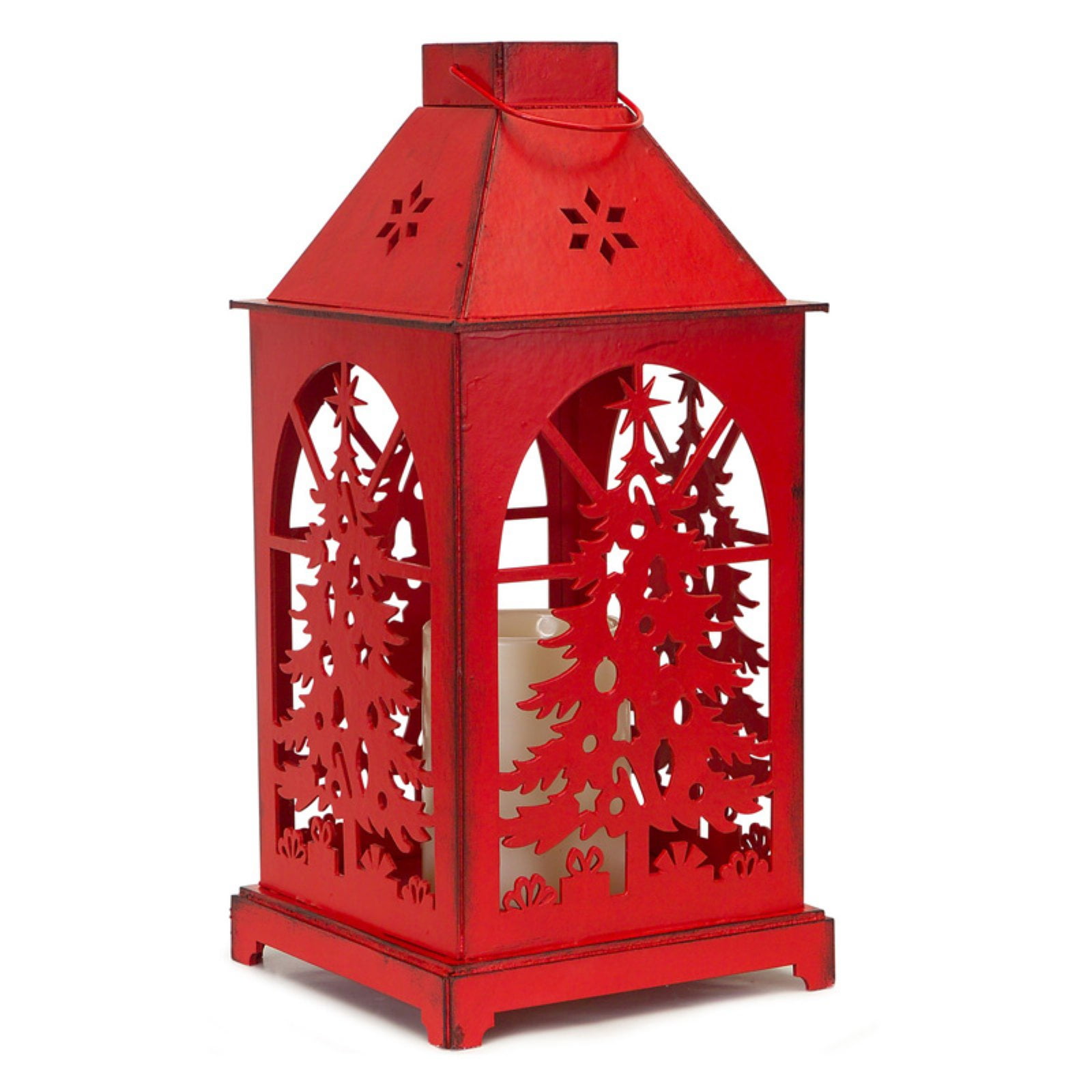Melrose 13 in. Lantern with Christmas Tree Cutout and LED Candle ...