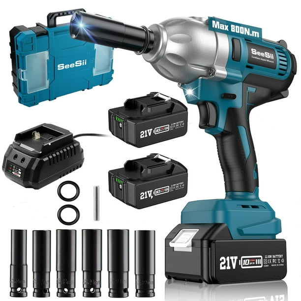 Seesii Brushless Cordless Impact Wrench 800N.m, Power Impact Wrench 1/2'' w/ 2x 21V Batteries ...