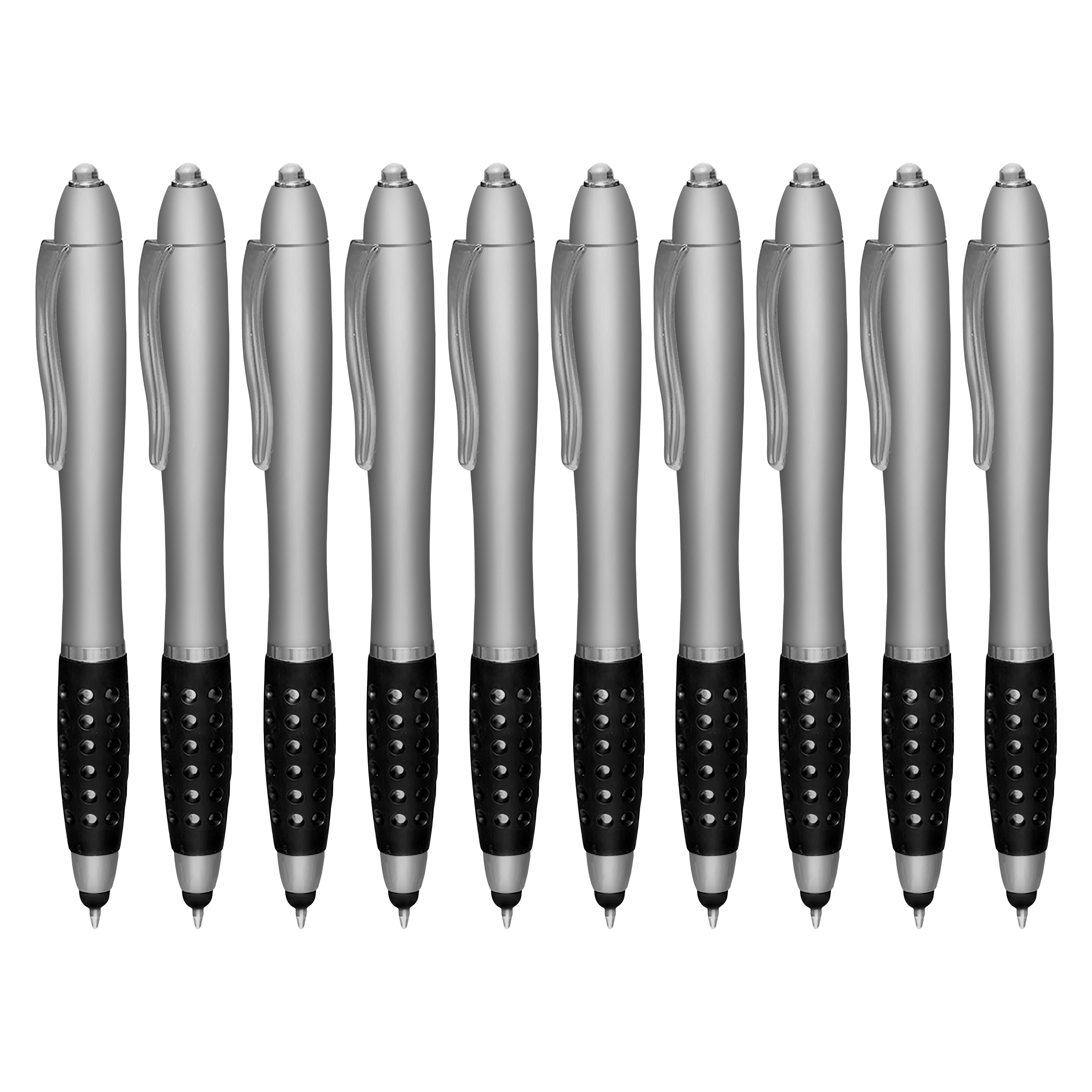 10 Gripper Stylus Pens with LED Light Pack - Twist mechanism, Black Ink ...