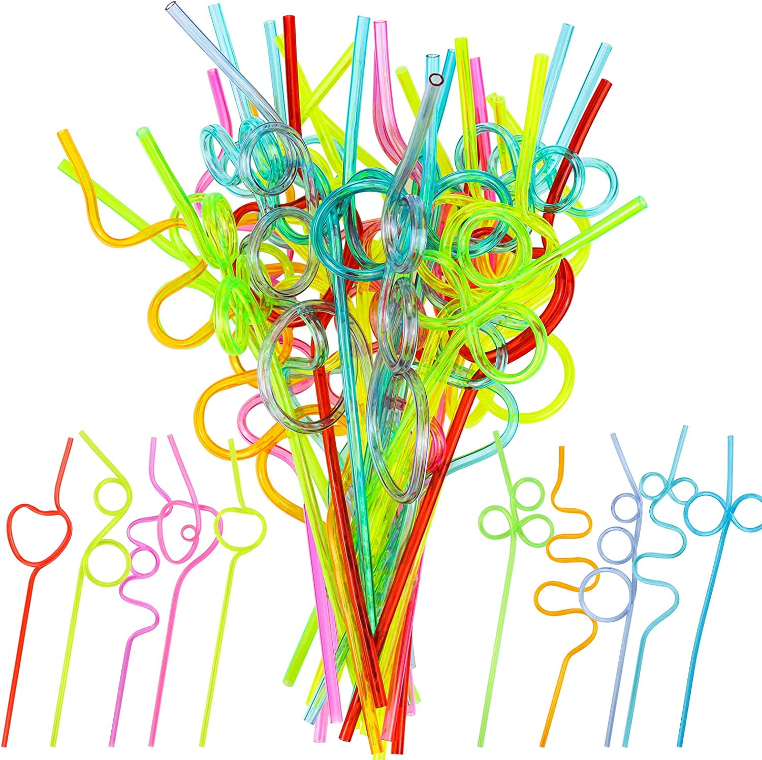 100 Pcs Crazy Straws, Happon Different Designs Colorful Loop Straws, 10 ...