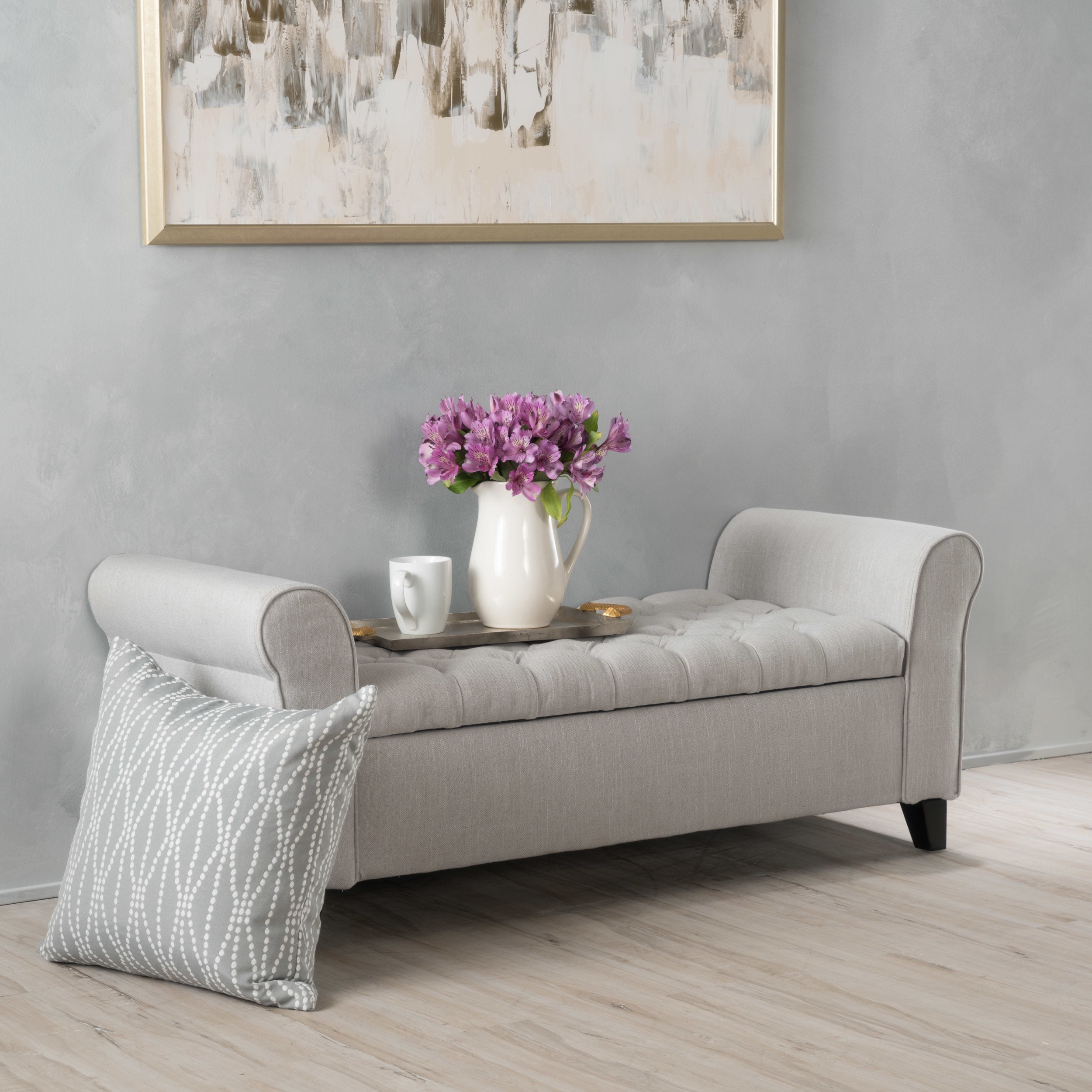 Lamara Contemporary Rolled Arm Fabric Storage Ottoman Bench Light Gray