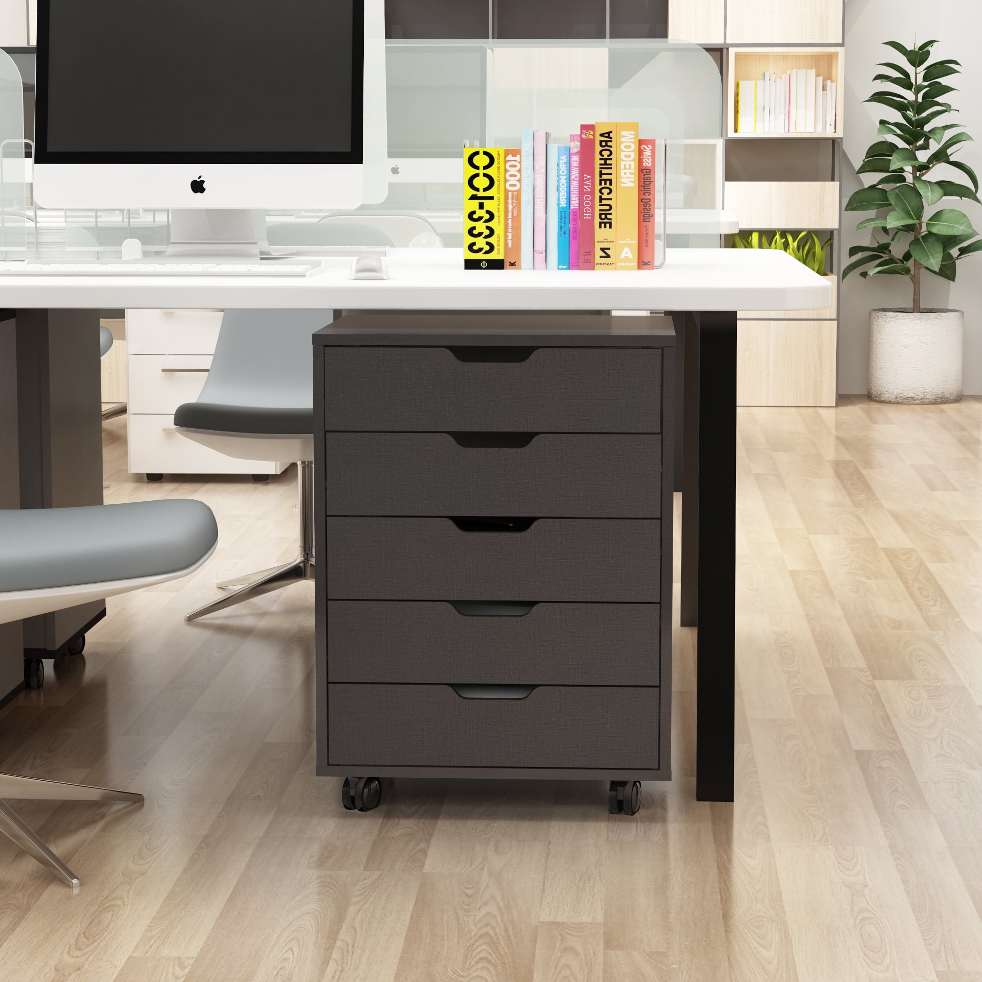 Office File Cabinet with Movable Casters, Wooden Storage Cabinet with 5 ...