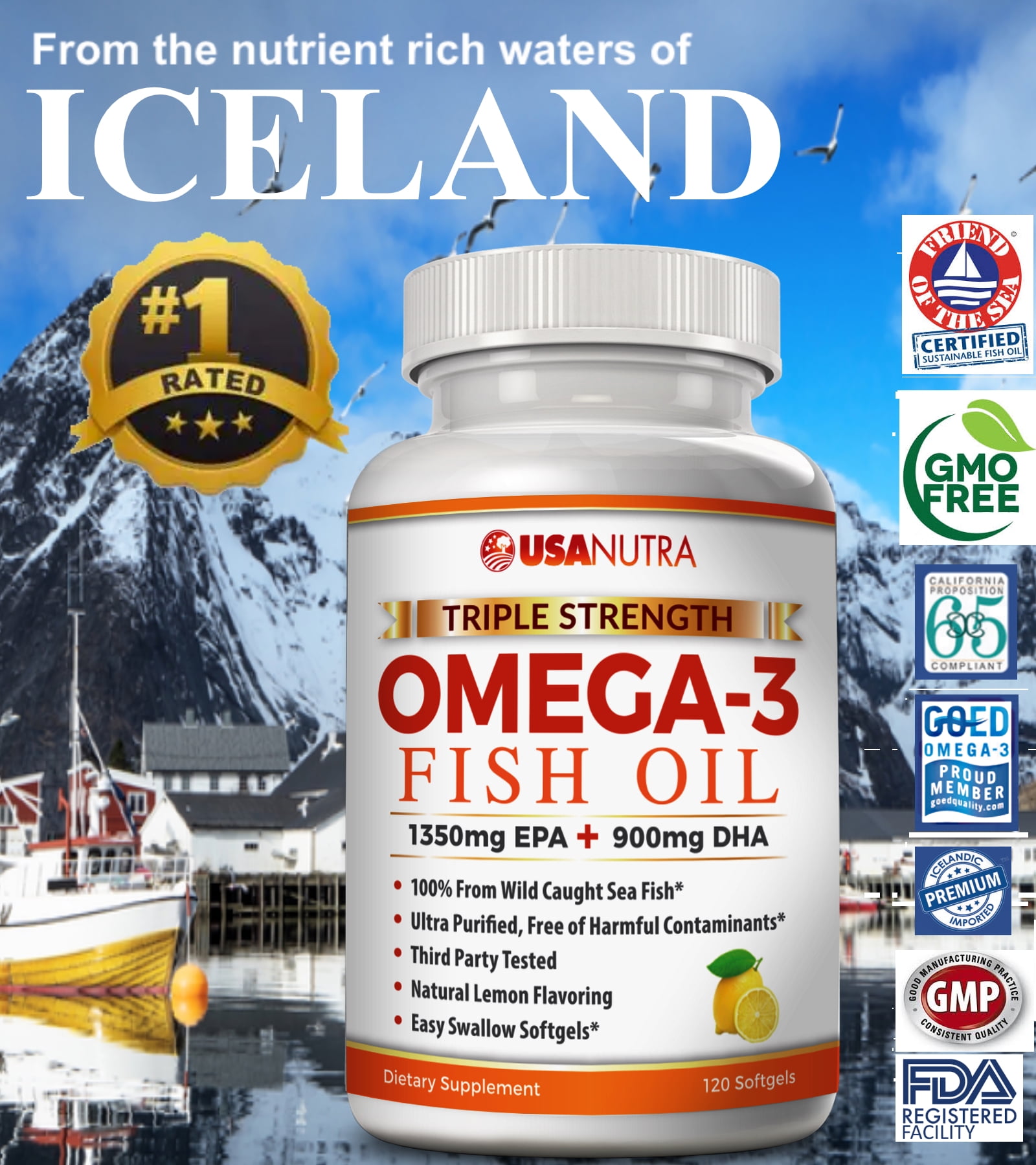 USANUTRA Omega 3 Fish Oil 3600mg Triple Strength Wild Caught Icelandic ...