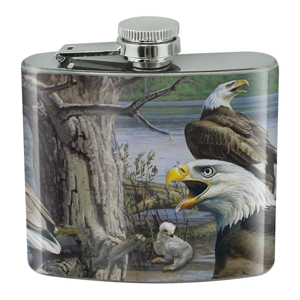 Bald Eagle and Baby Eaglet Raptor Collage Stainless Steel 5oz Hip Drink ...