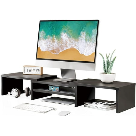 Dual Monitor Stand with Pull Out Storage Drawer, 3 Shelf Computer ...