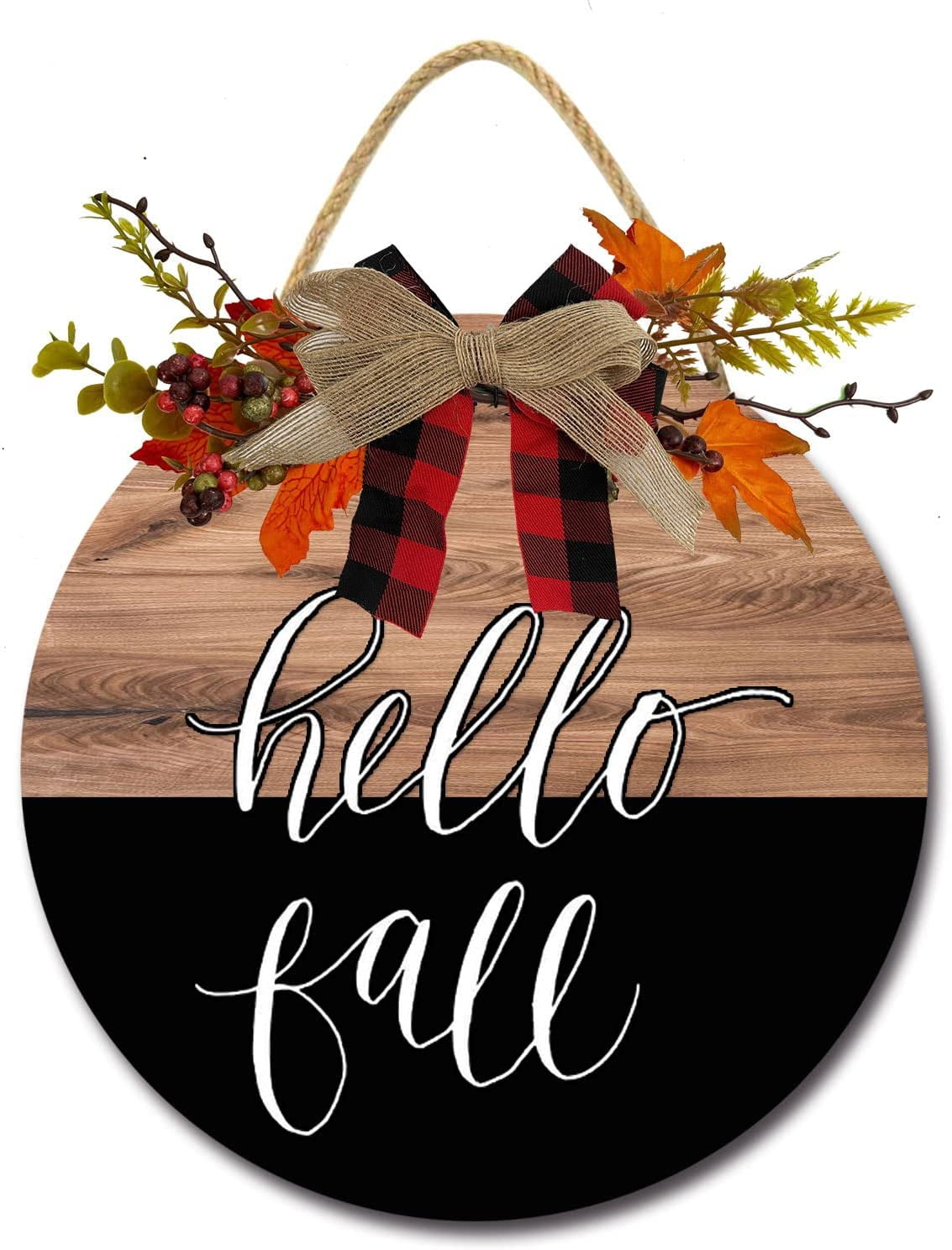 Eveokoki 12" Wooden Hanging Sign Round Hello Fall Wood Door Sign ...