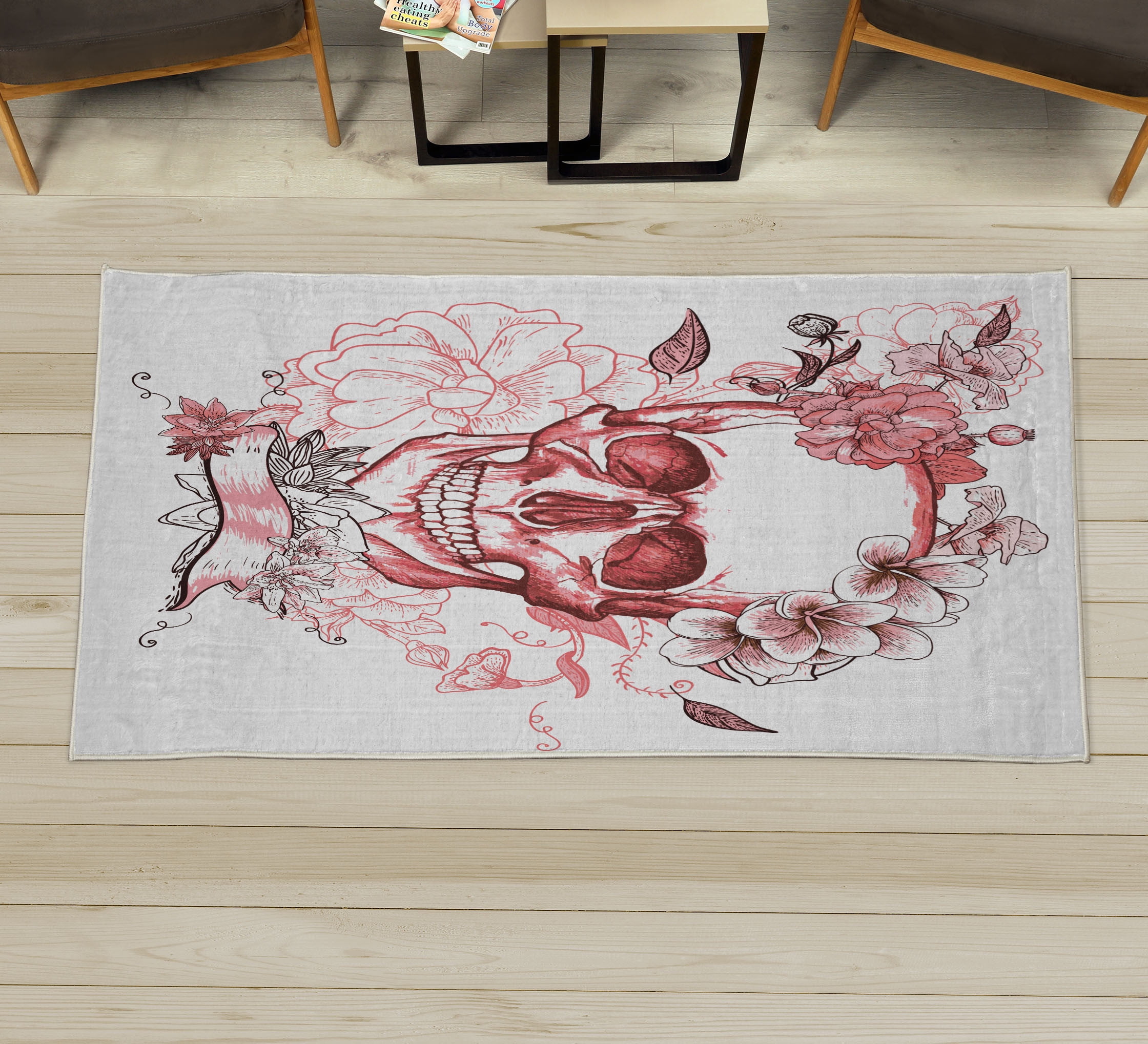 Grunge Decorative Rug, Skull and Flowers Day of the Dead Mexican ...