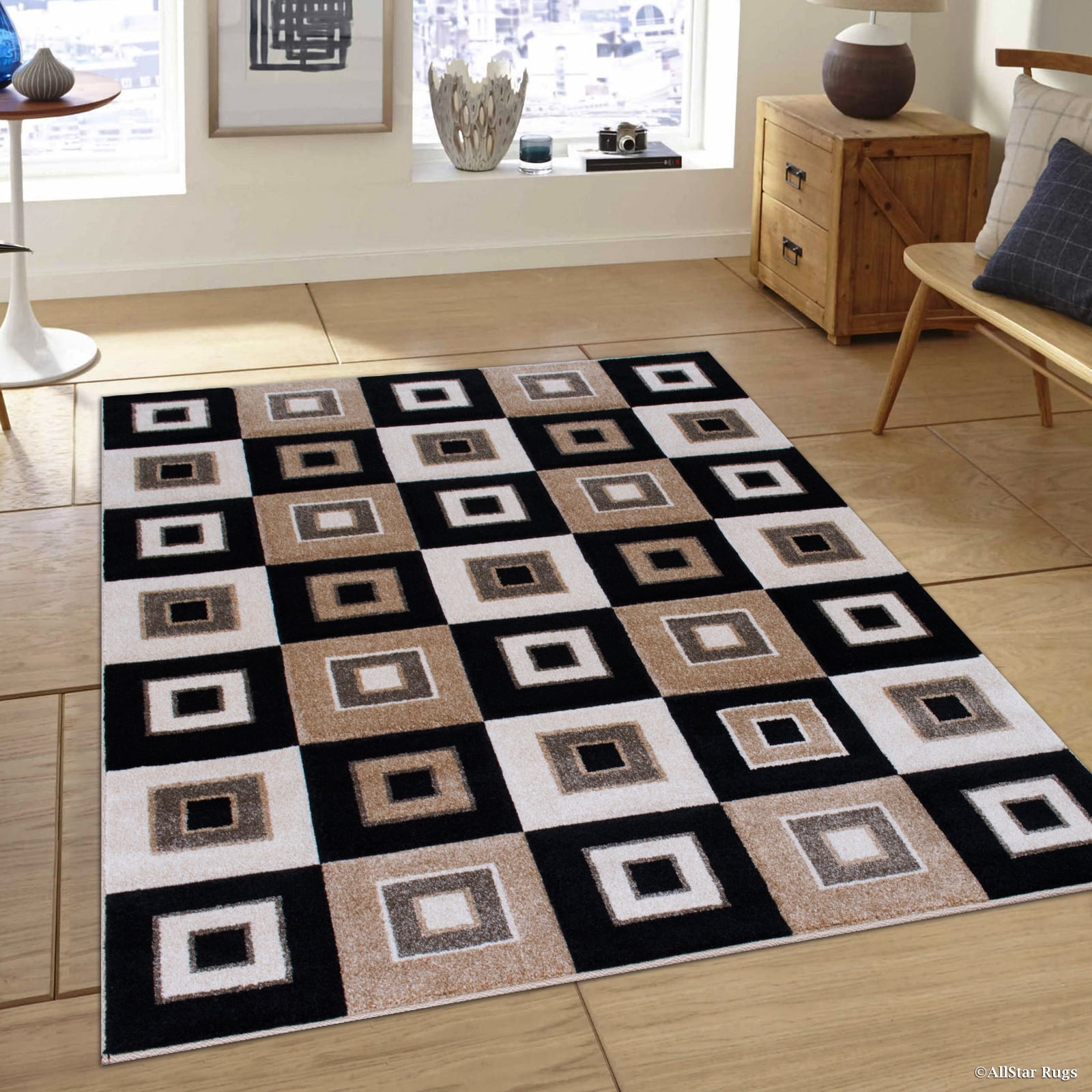 Allstar Black Modern Geometric square design Area Rug (3' 9" x 5' 1 ...