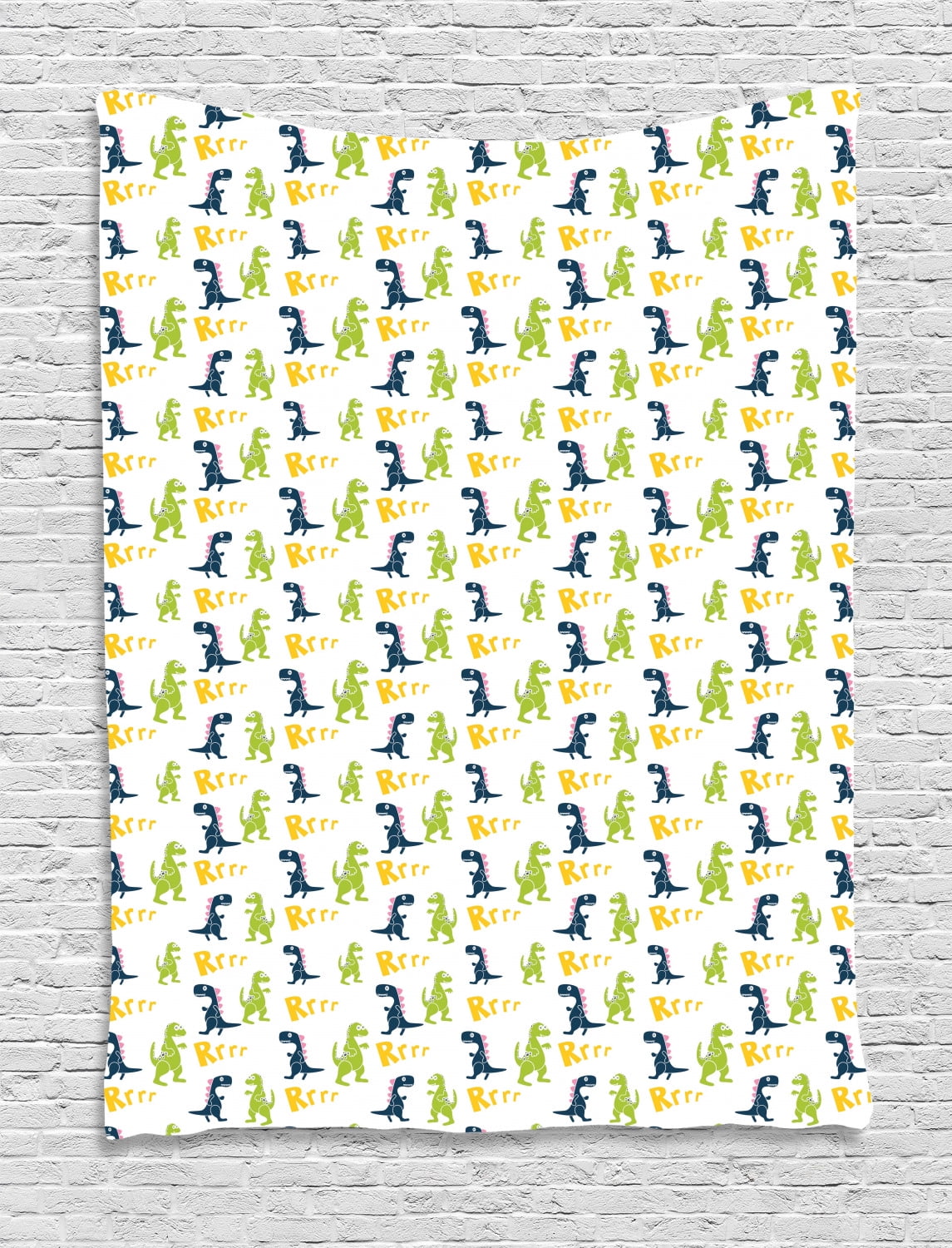 Dinosaur Party Tapestry, Happy Cartoon Dino Reptile with Rrrr Text on ...