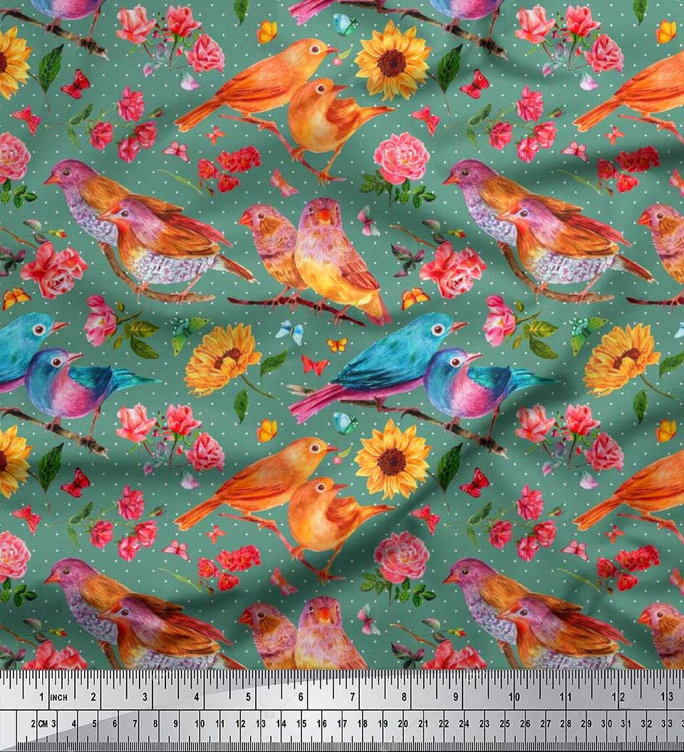 Soimoi Green Satin Silk Fabric Dot,Sunflower & American Robin Bird ...
